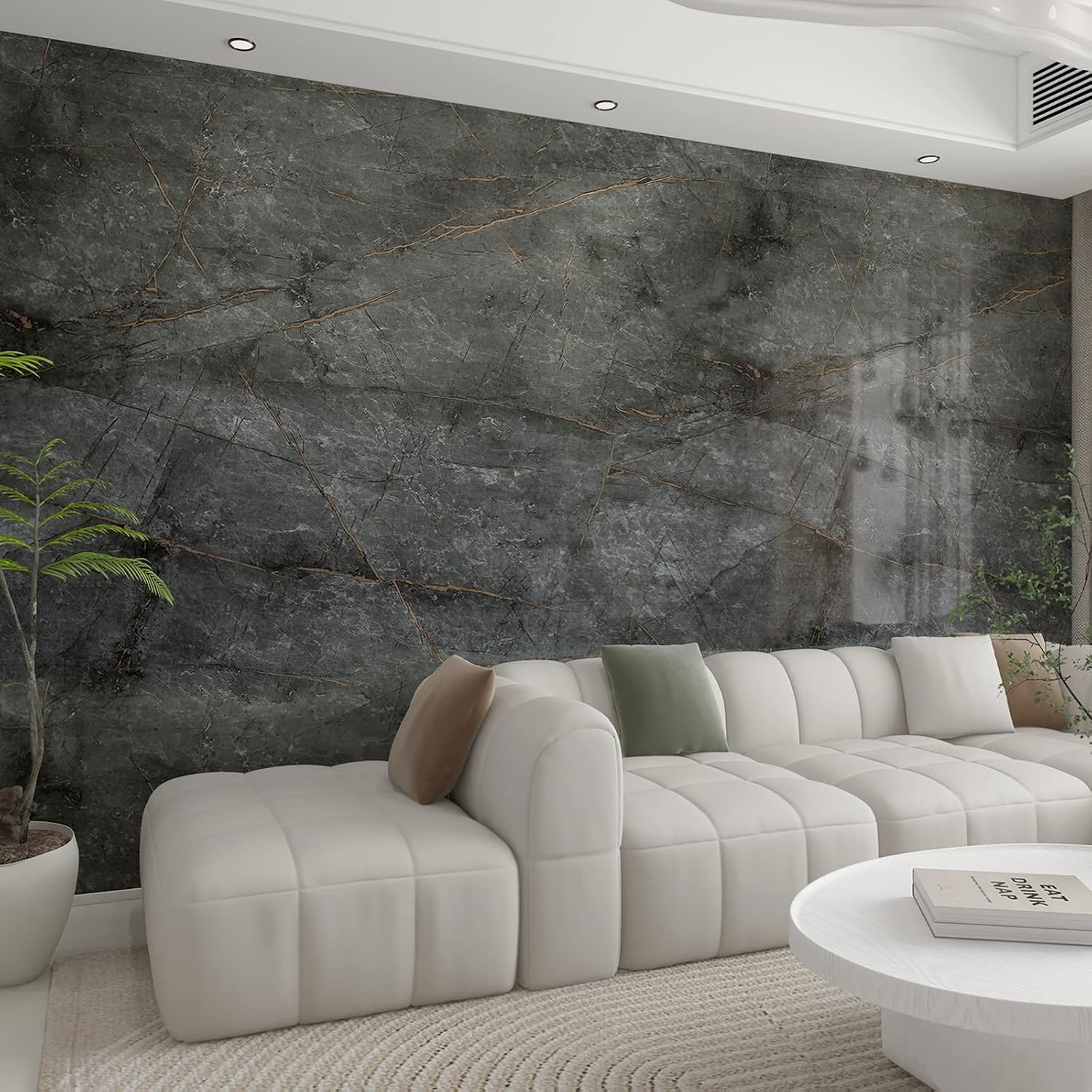 JSEVEM 24"×354" Wide Thick Dark Grey Cyan Gold Pattern Marble Wallpaper ...