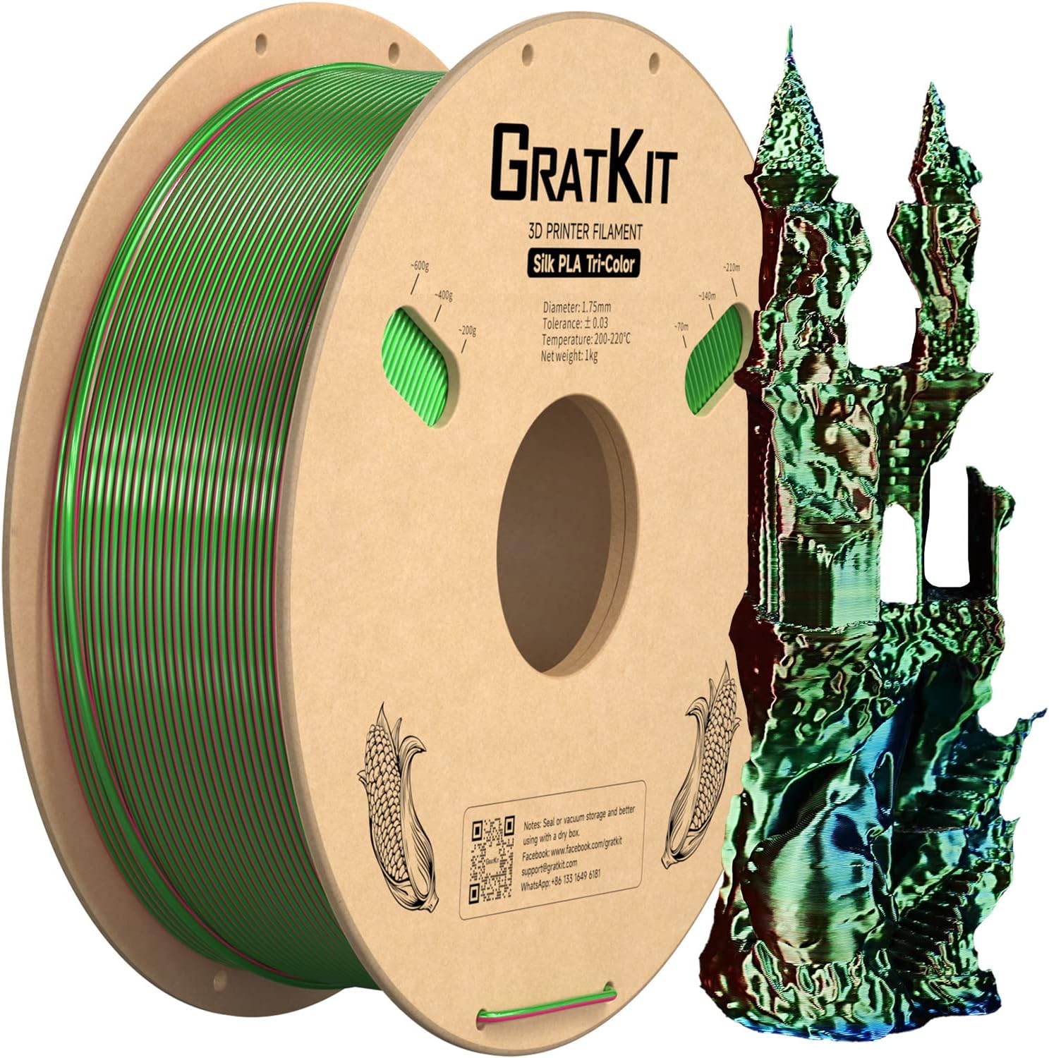 Gratkit Silk Tri-Color PLA Filament，Coextrusion PLA Filament 1.75mm, -0 ...