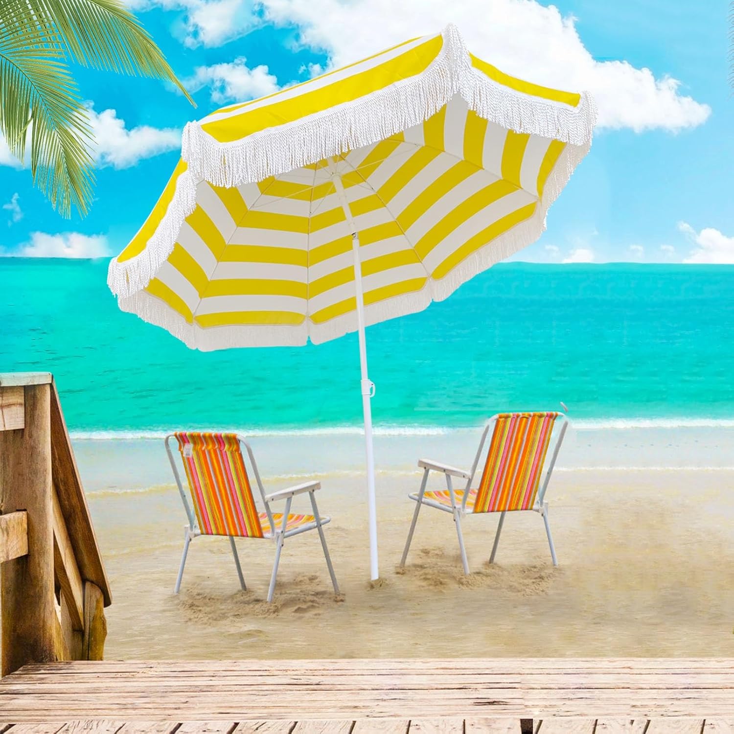 Amazon.com : 5.9ft Boho Beach Umbrella With Fringe Yellow Striped Patio ...