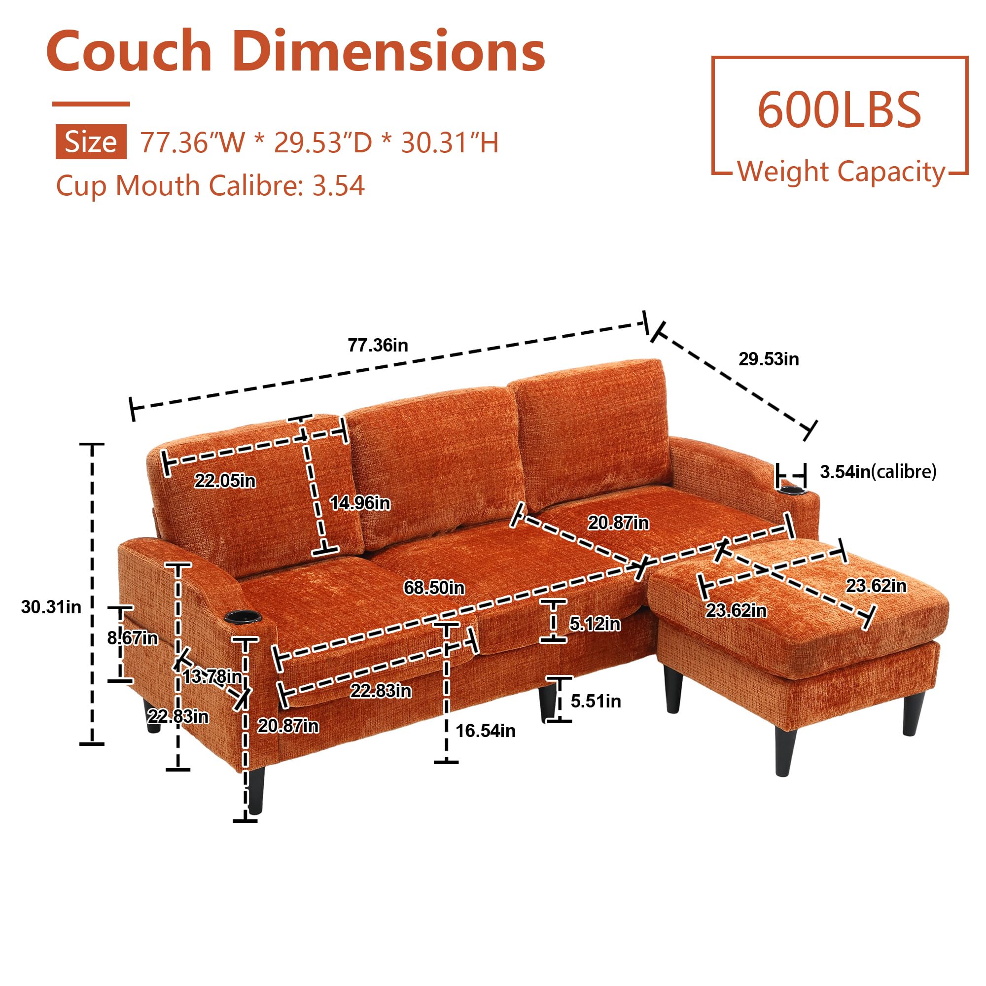 Orange Small Modular Sectional Couch, 3-Seater Couches with Storage ...