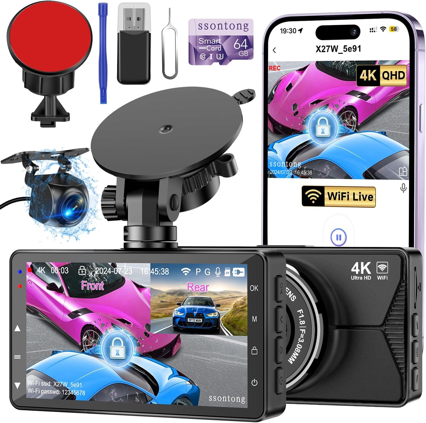 Dash Cam Front and Rear, 4K Dash Cam WiFi/APP Control Dashcam W/ 64GB ...