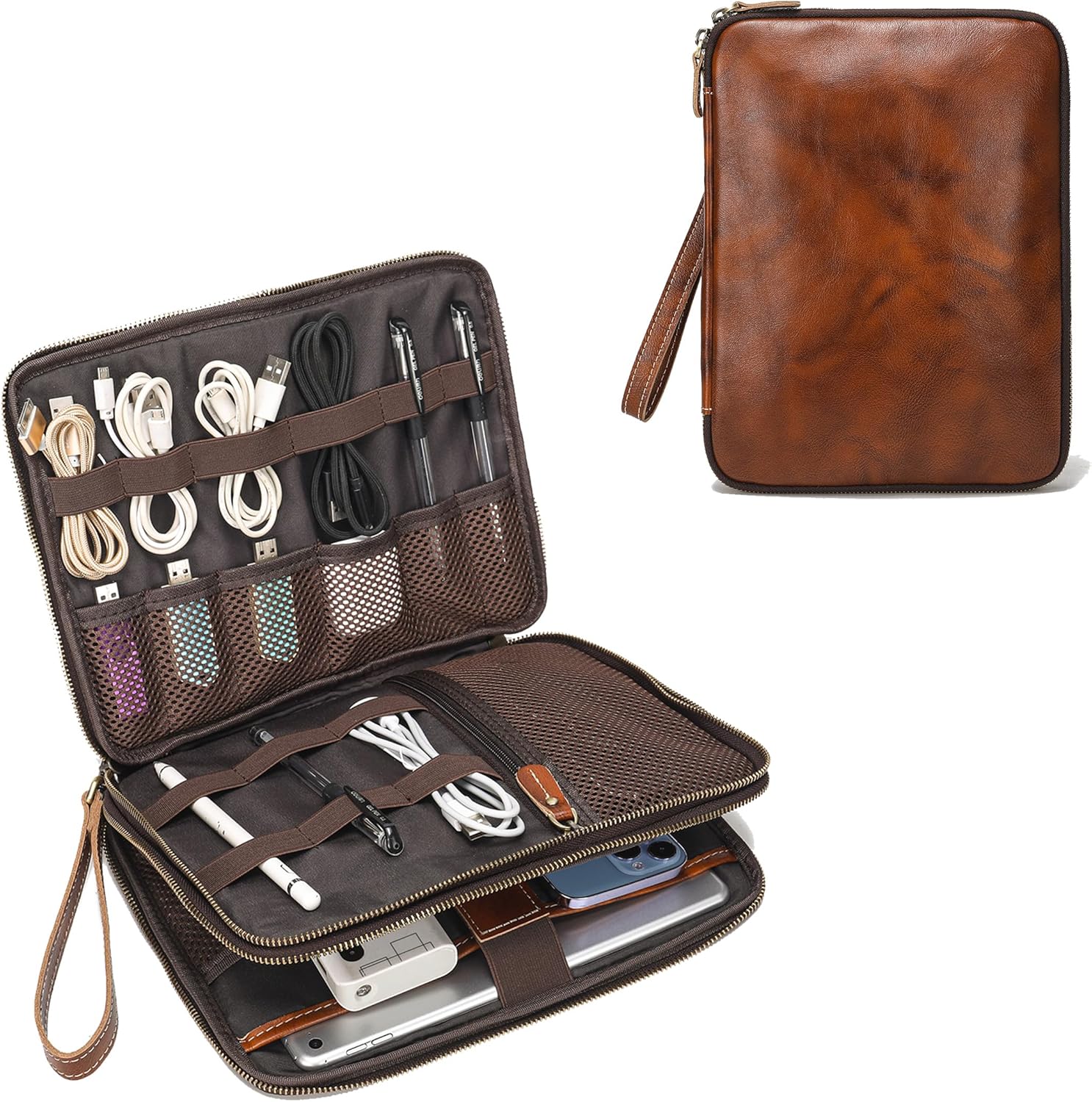 Amazon.com: LANNSYNE Full Grain Leather Travel Cable Accessories Bag ...