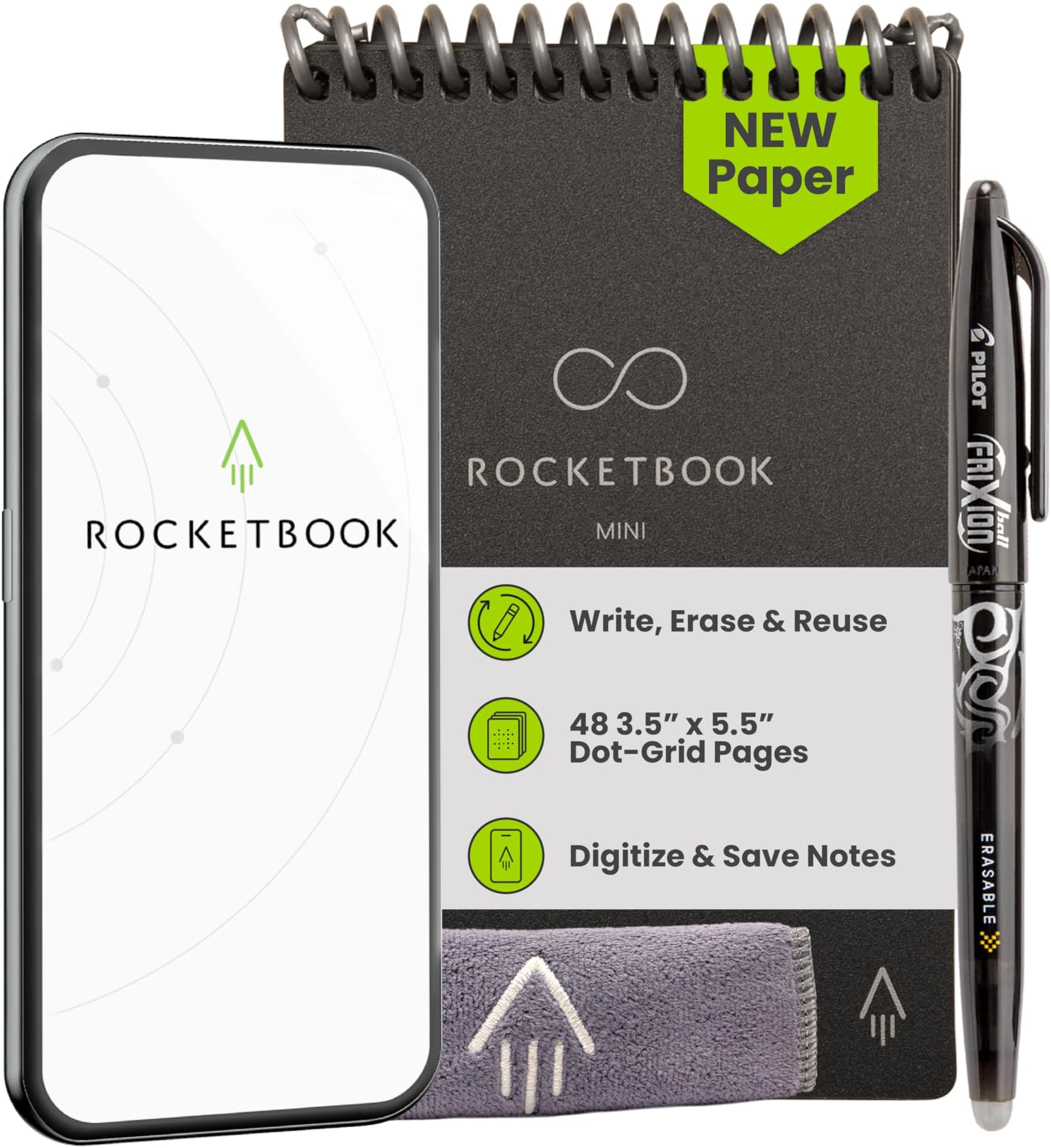 Rocketbook New Mini Reusable Smart Notepad, Pocket Size Notebook 3.5x5 ...