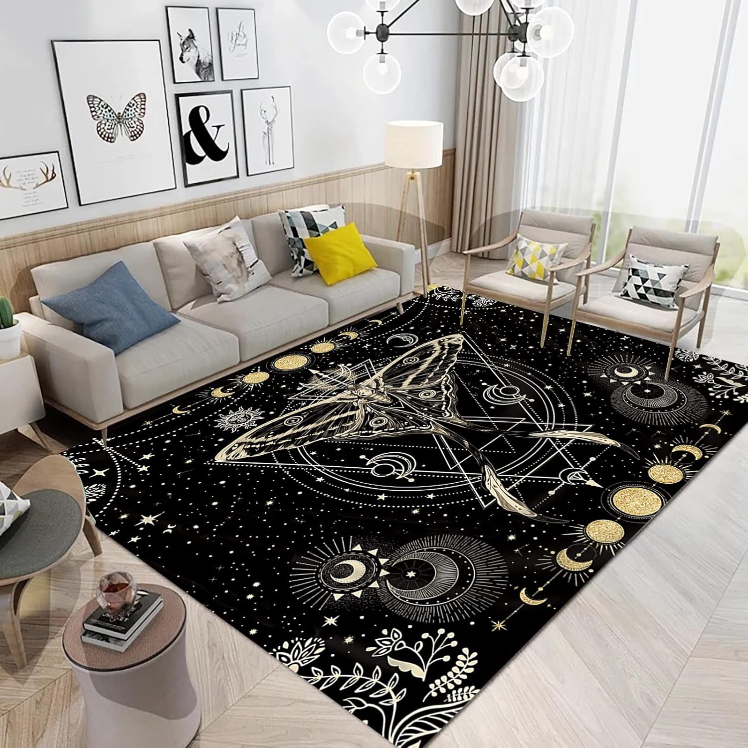 Amazon.com: Youshosho Black Gold Moth Area Rug Moon Phase Moonlit Rug ...
