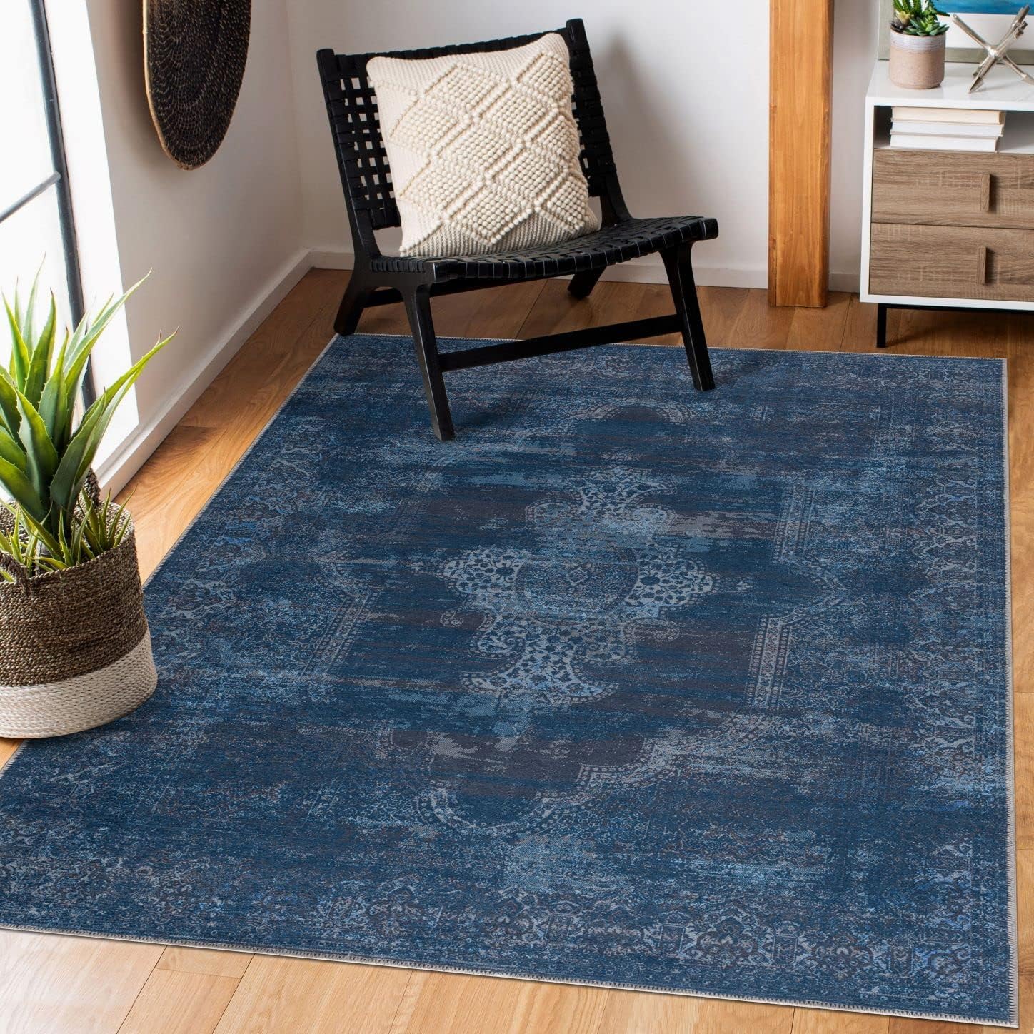 RUGDORM Boho Rugs for Hallway - Handmade Low Pile Rug in Dark Blue ...