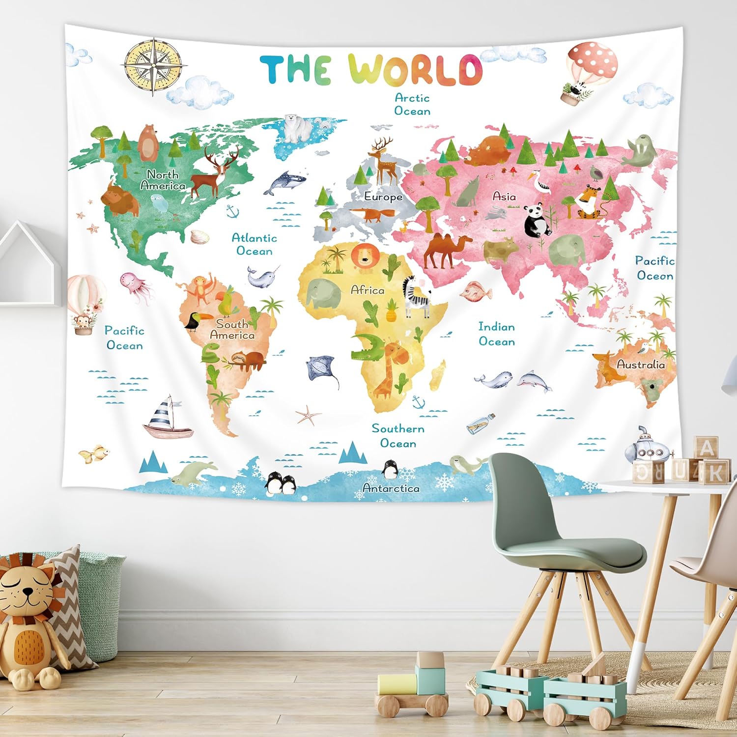 Amazon.com: Riyidecor Kids Map Tapestry 59Wx51H Inch World Cartoon ...