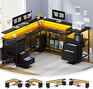 Amazon.com: Furologee 66" L Shaped Gaming Desk with 6 Drawers & Printer ...