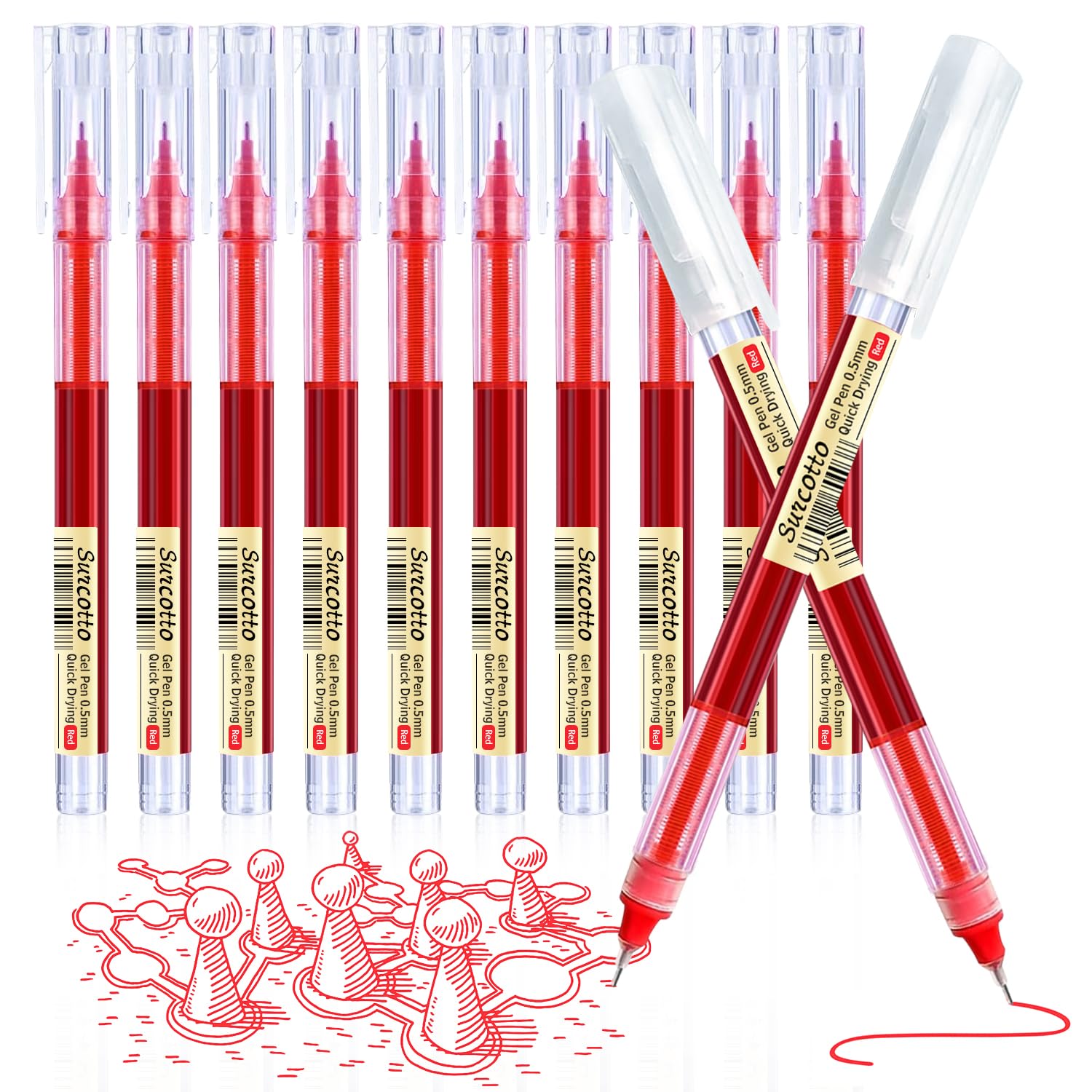 Surcotto Gel Pens, 12pcs 0.5mm Red Gel Ink Pens, Ultra-Fast Drying, Gel ...