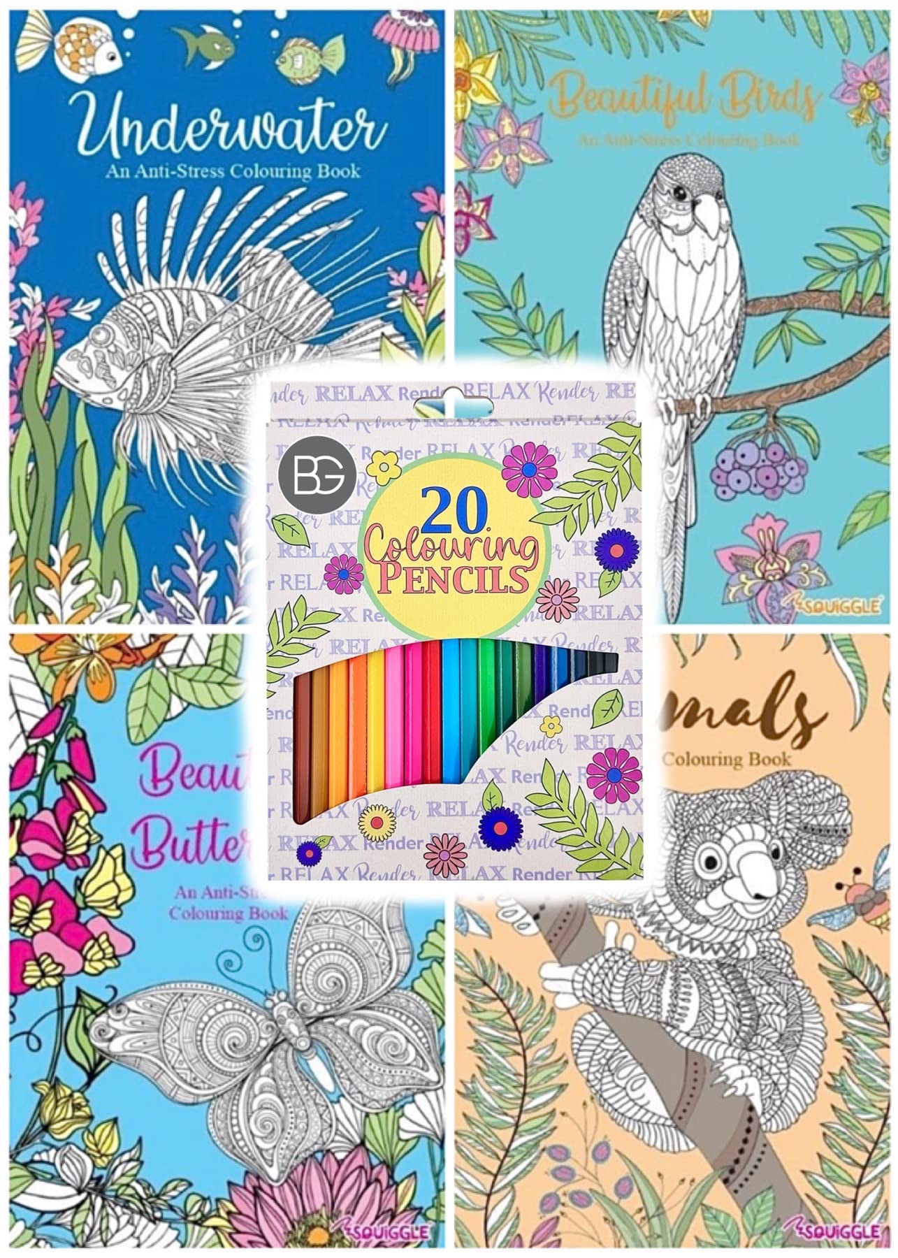 BG Colour Therapy Anti-Stress Adult Colouring Books Set of 4 + 20 ...