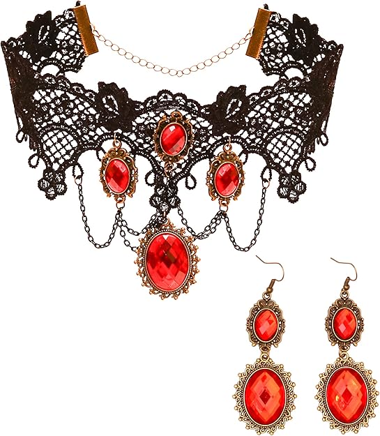 Amazon.com: Skeleteen Gothic Vampire Jewelry Set - Black Lace Choker ...