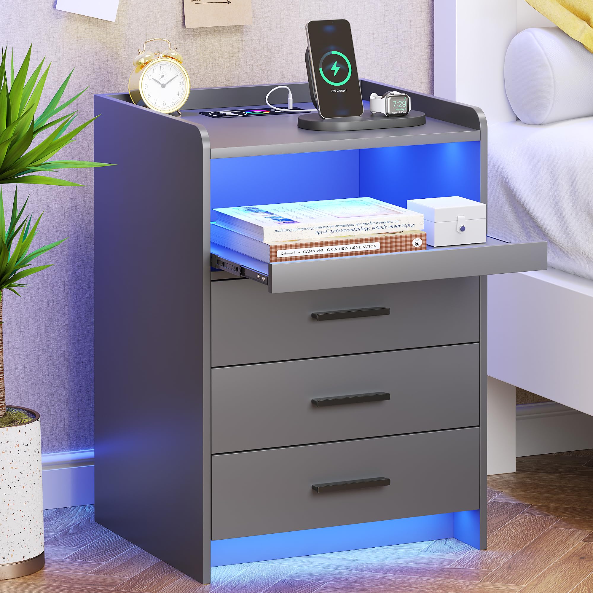 FREDEES Nightstand with Wireless Charging Station Bedside Table with ...