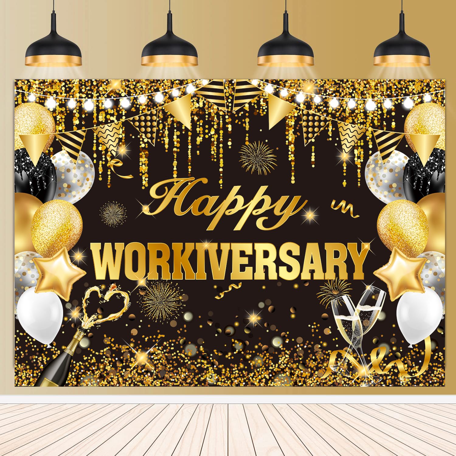 Snapklik.com : Happy Work Anniversary Banner Backdrop 8x6FT Black Gold ...