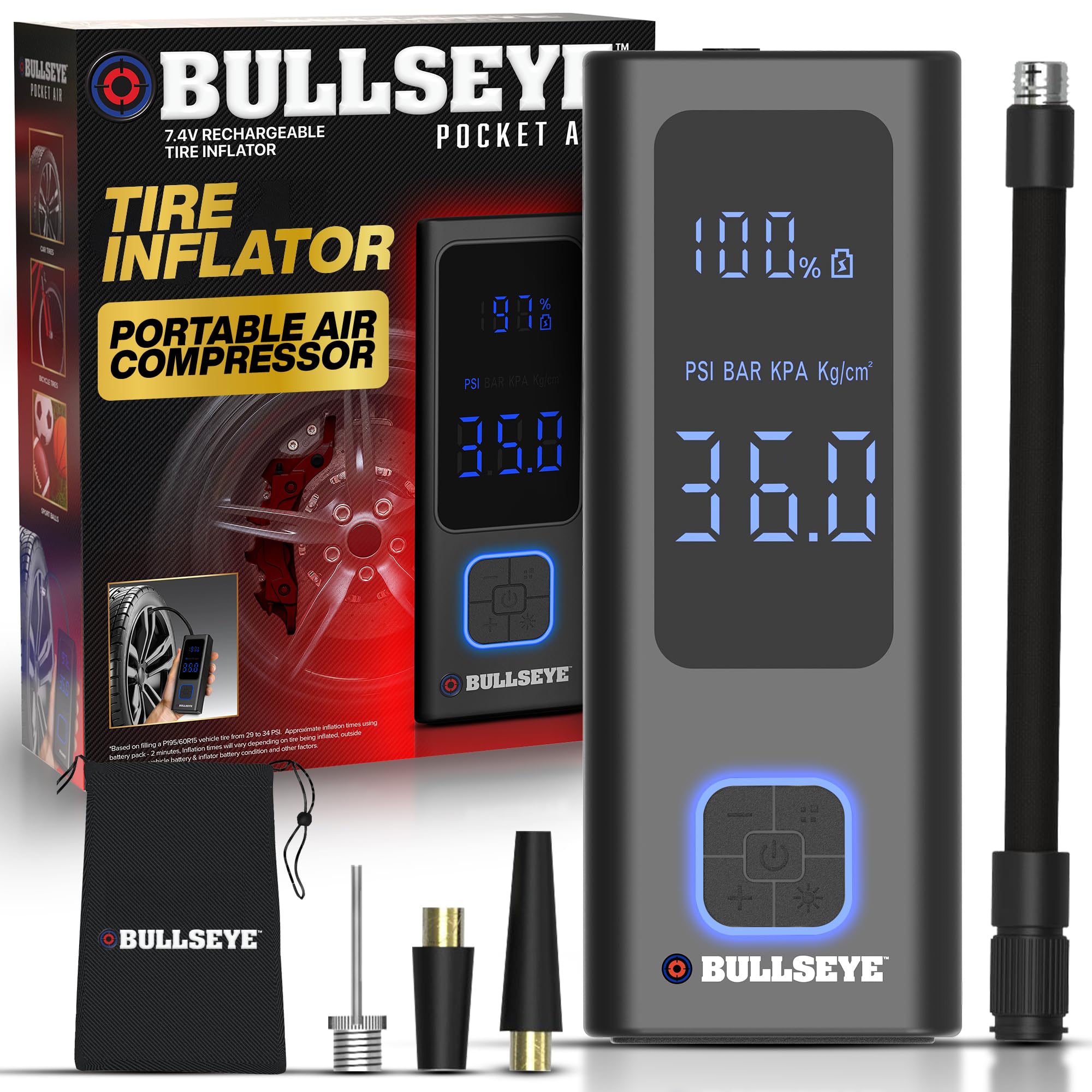 Pocket AIR Car Tire Inflator Portable Air Compressor by Bullseye Pro, 4000MAH Air Compressor ...