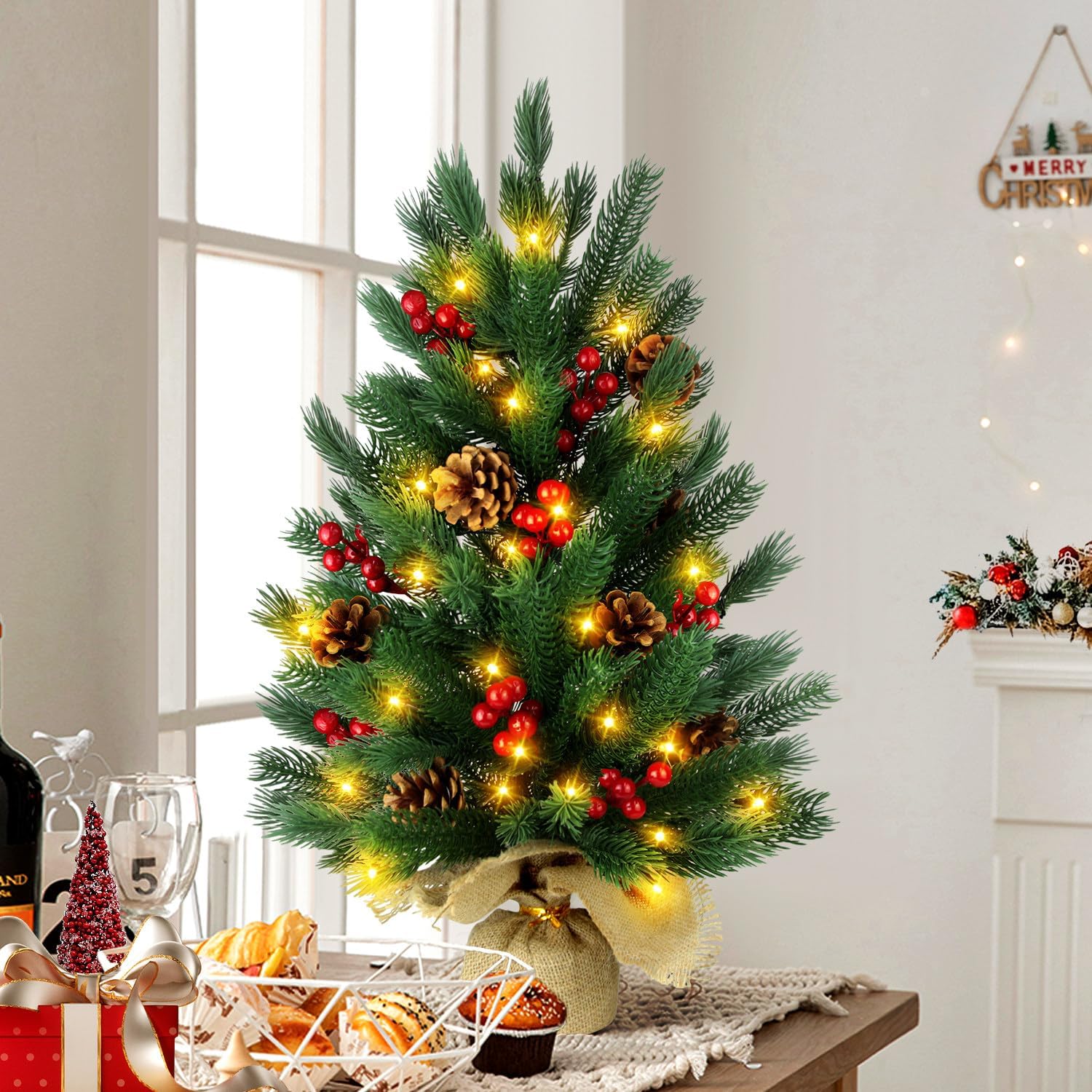 24 Inch Artificial Christmas Tree with 50 LED Lights, 2 FT Tabletop ...