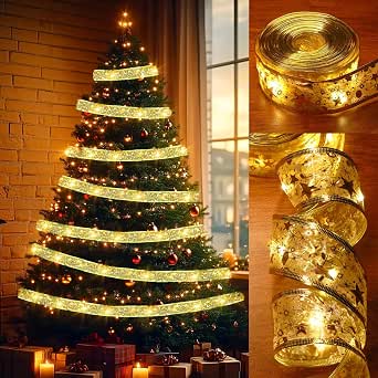 Chielor Christmas Tree Decorations Ribbon Lights, 32ft 100 LED Battery ...
