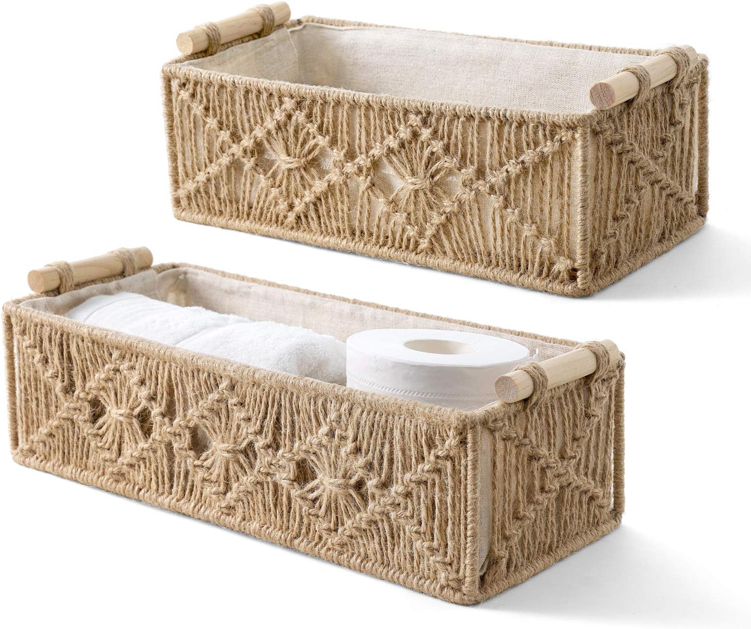 Amazon.com: Primepoch Macrame Storage Baskets With Wood Handles, Boho ...