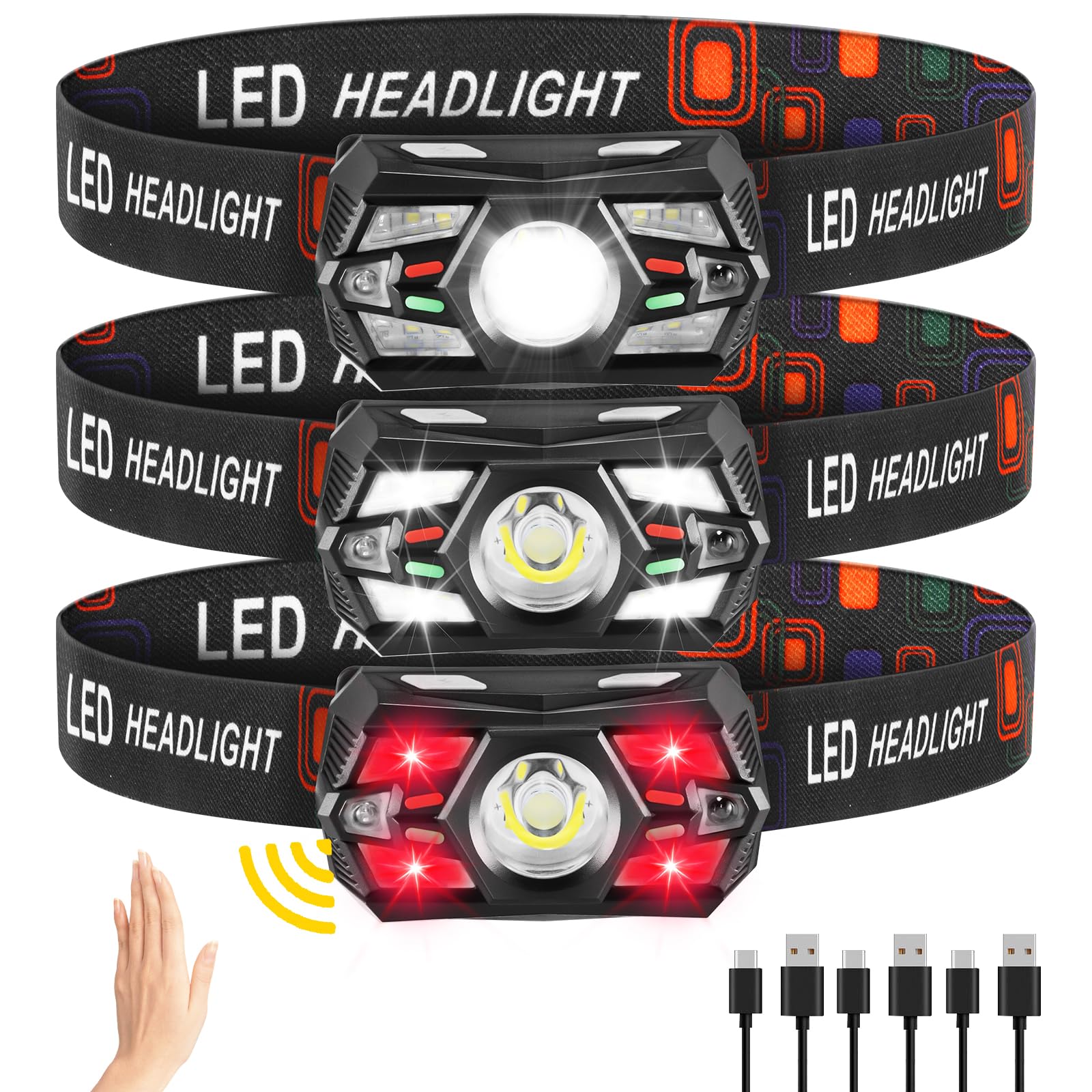 Amazon.com: 3Pack Headlamp Rechargeable, Super Bright Head Lamps LED ...