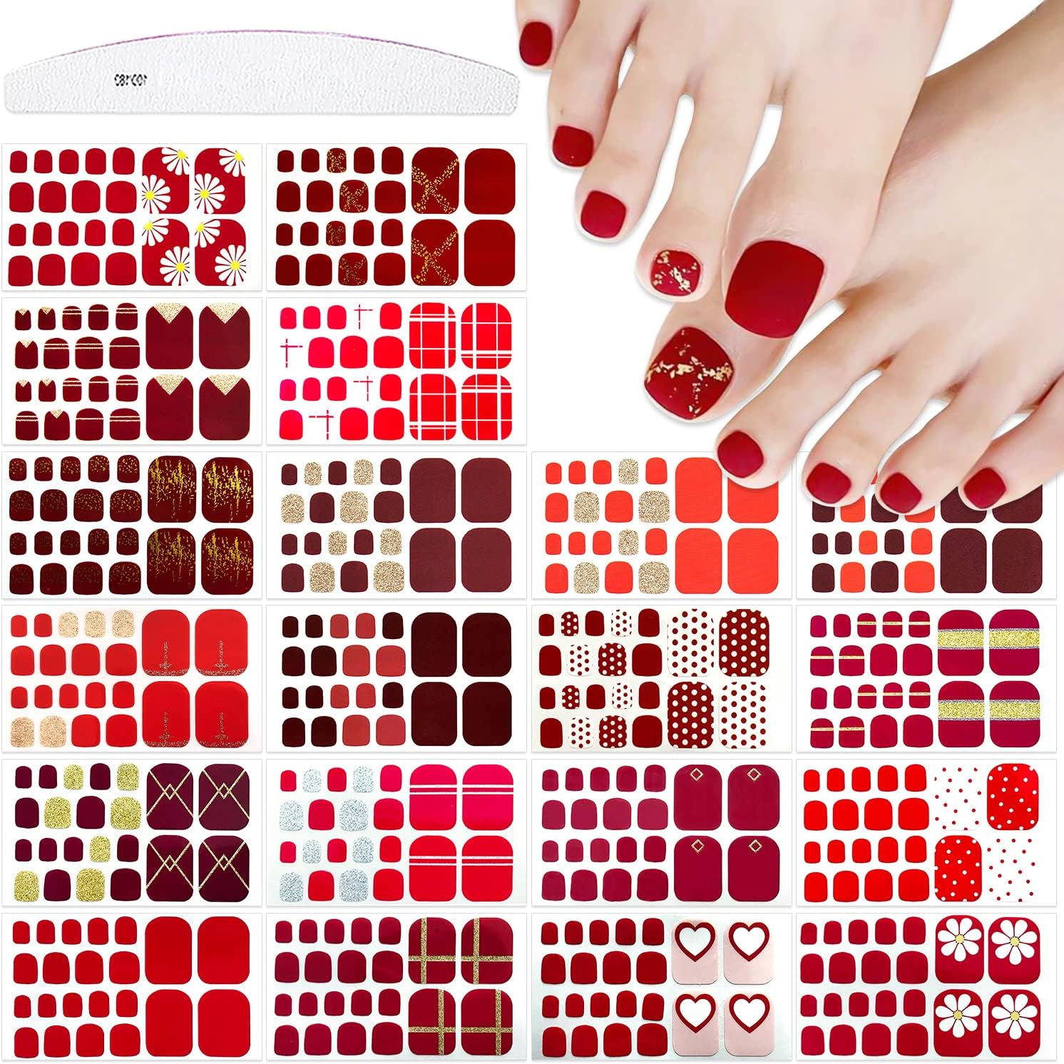 Amazon.com: JERCLITY 440 Pieces 20 Sheets Red Solid Color Toenail Full ...