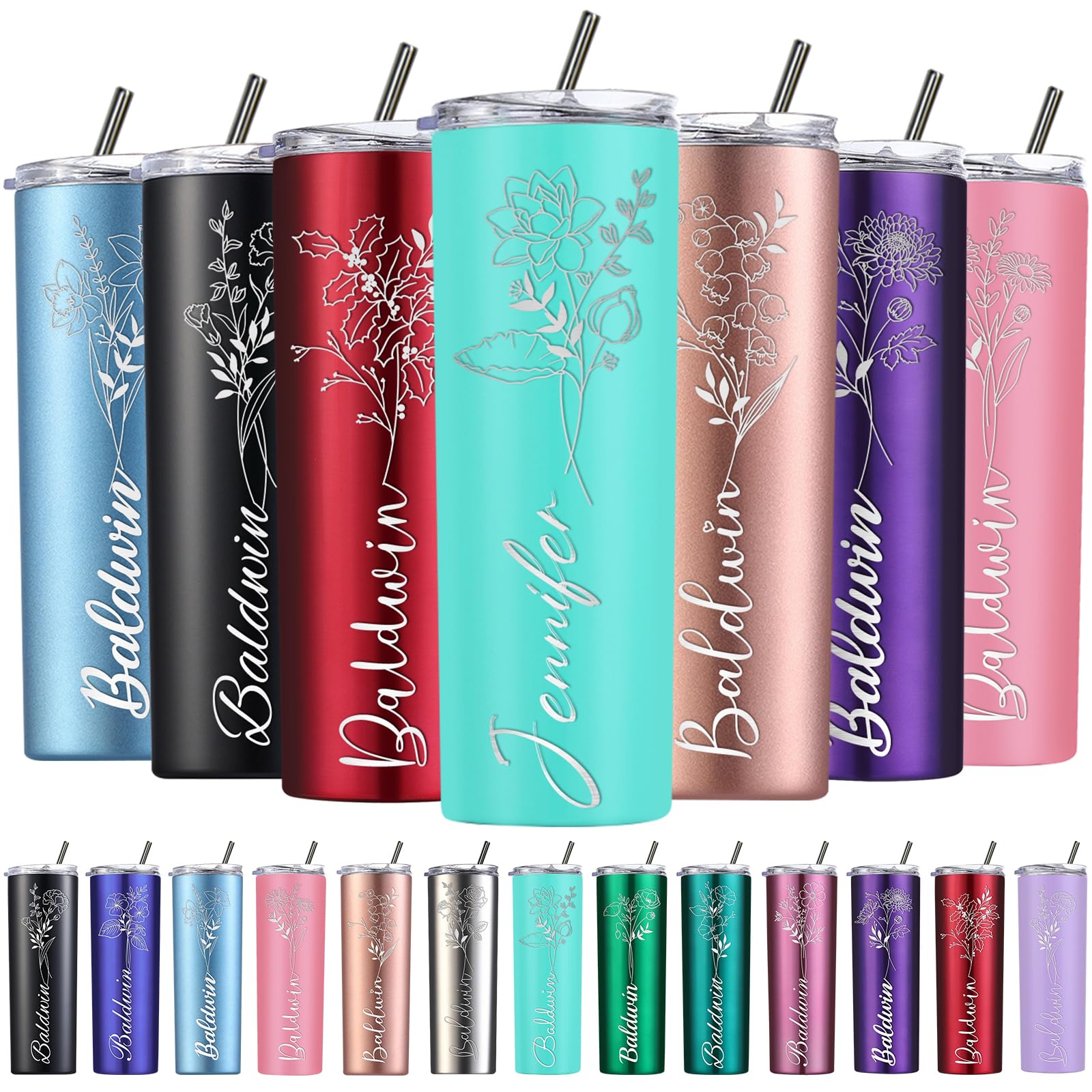 Amazon.com | Personalized Tumbler with Birth Flower Custom Name Cups with Lids Straws Customized ...