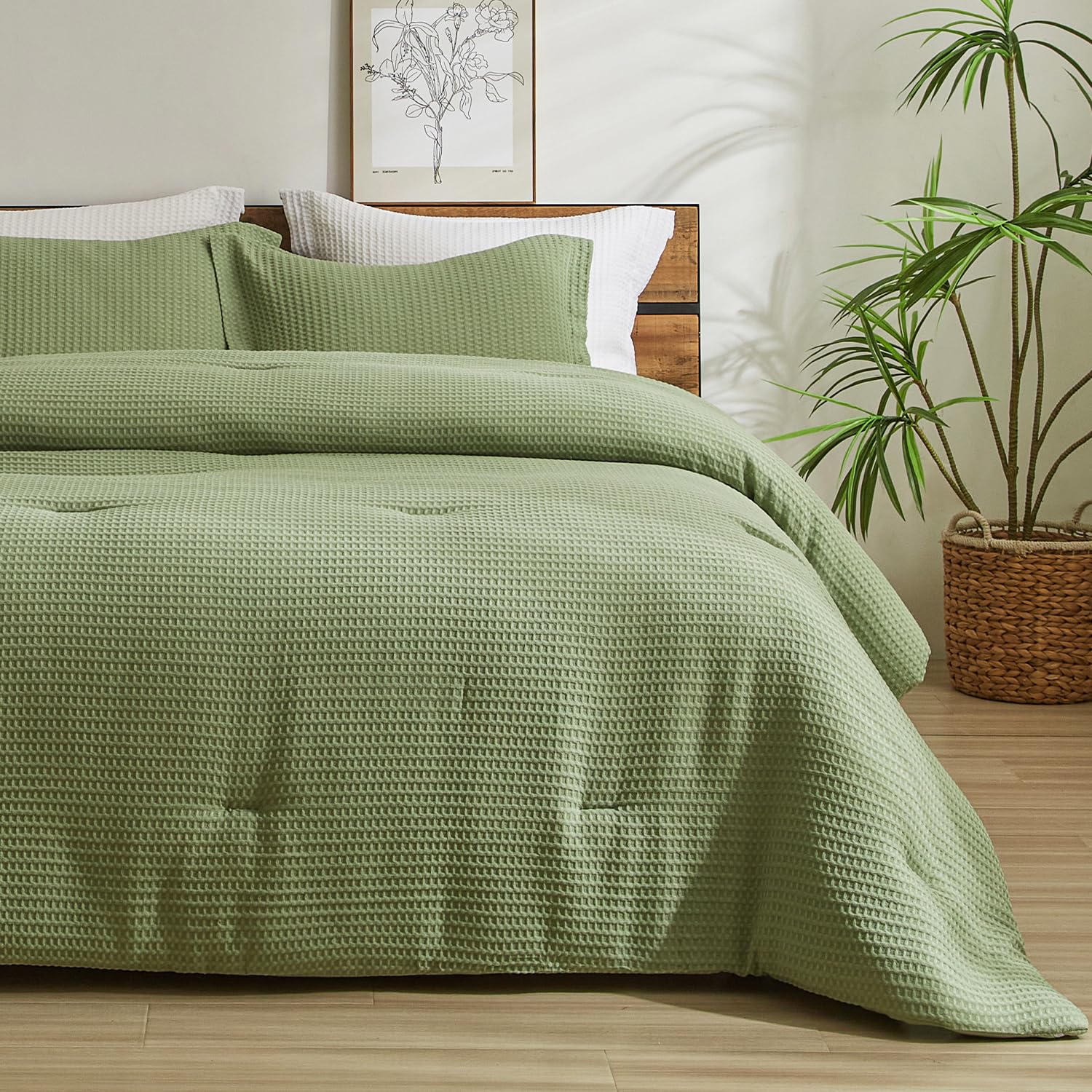 Amazon.com: Waffle Comforter Set King Size, Green Soft Bedding Set for ...