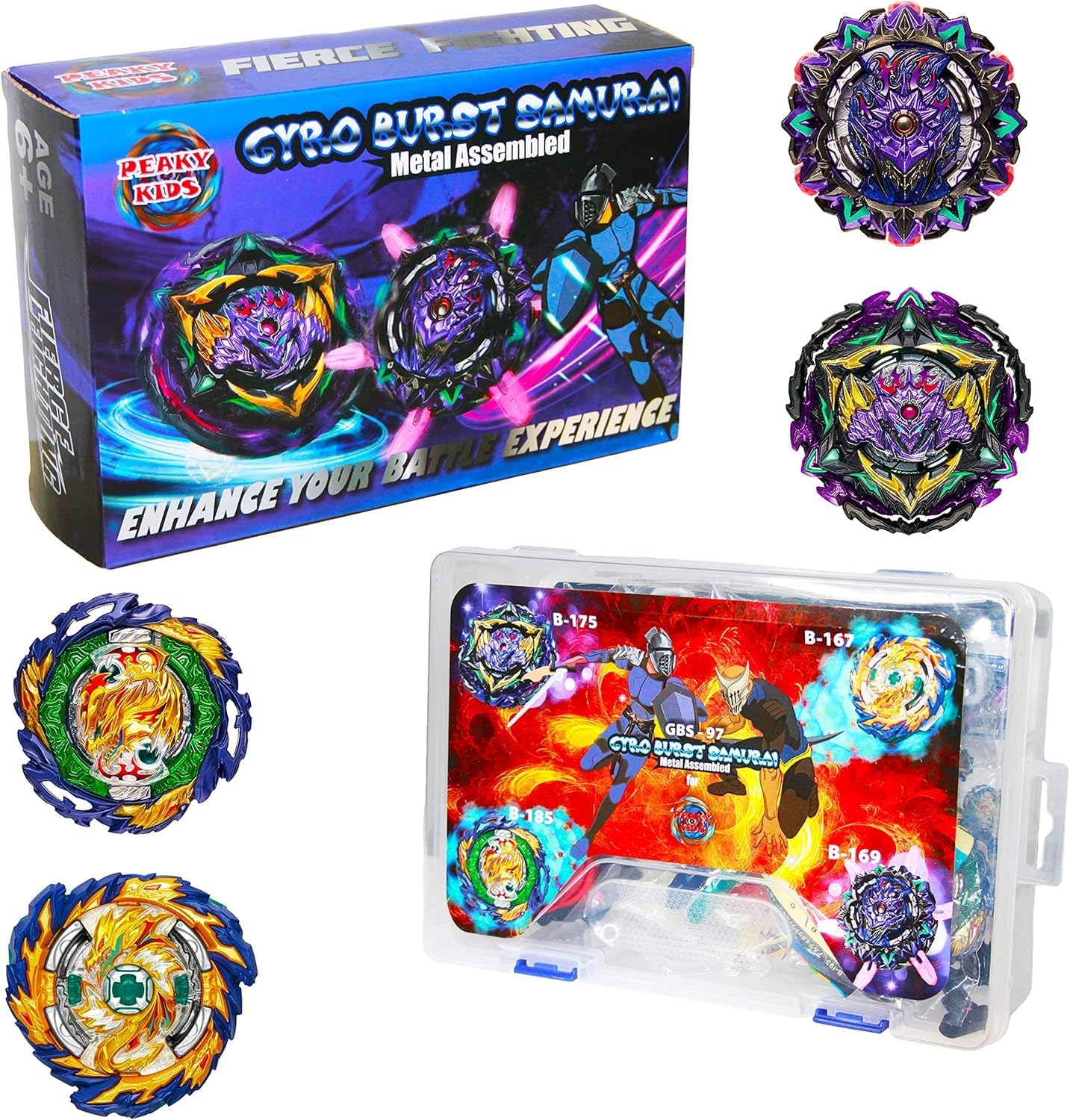 GYRO BURST SAMURAI Metal Assembled Set of 4 Spinning Top with Launcher ...