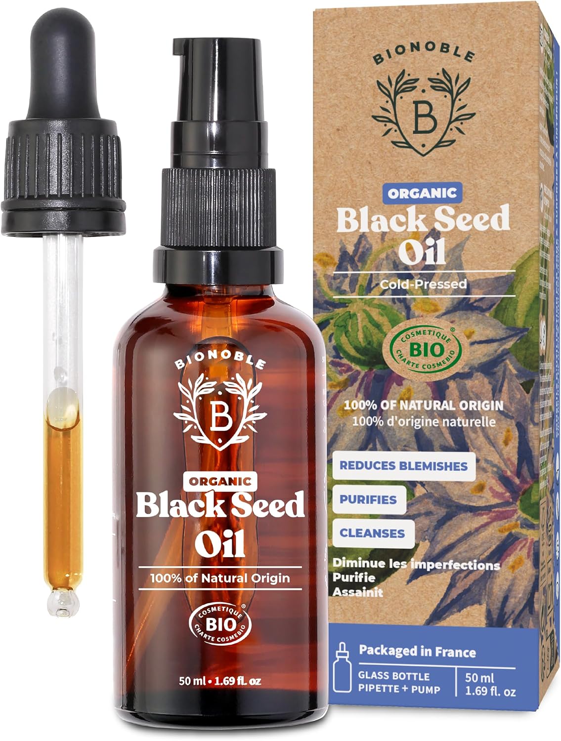 Bionoble Pure Organic Black Seed Oil, Cold Pressed - Glass bottle ...