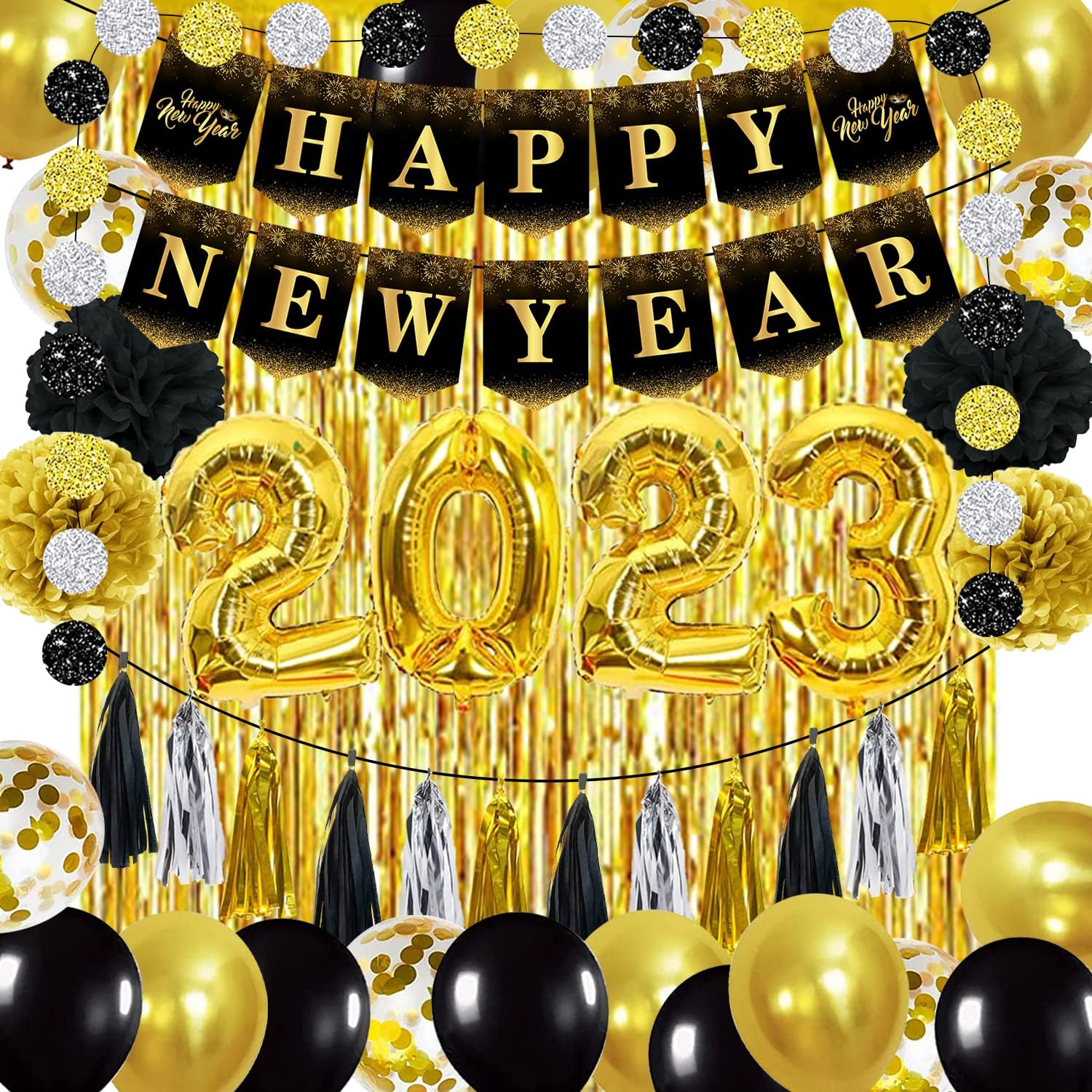 Amazon.com: 2023 Happy New Year Decorations Black Gold Happy New Year ...
