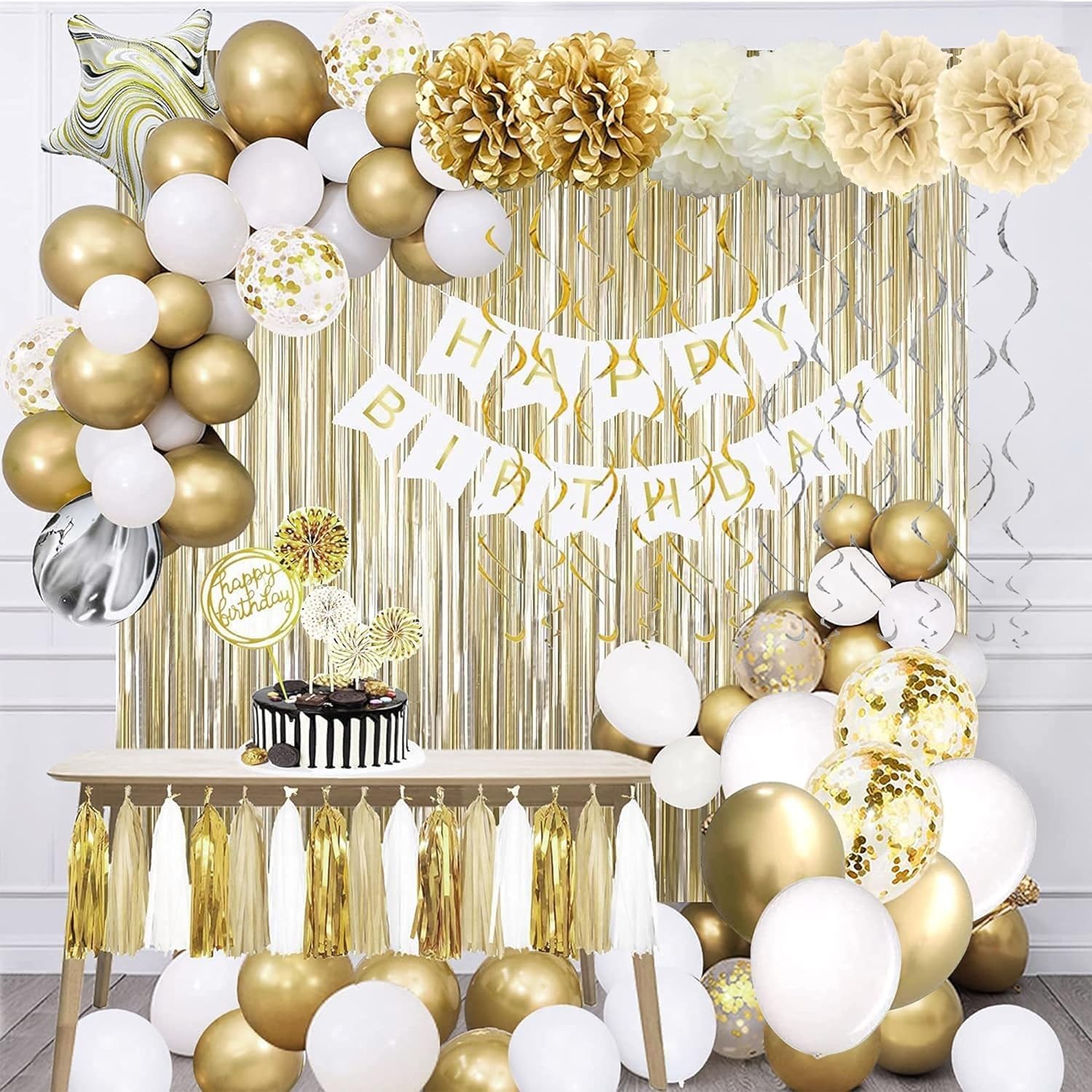 Amazon.com: Gold and White Birthday Party Decorations Set, Happy ...