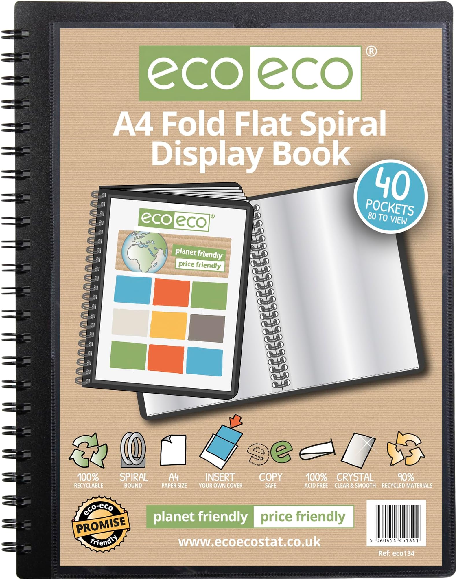 eco-eco A4 50% recycled 40 pocket Fold Flat Spiral Bound display book ...