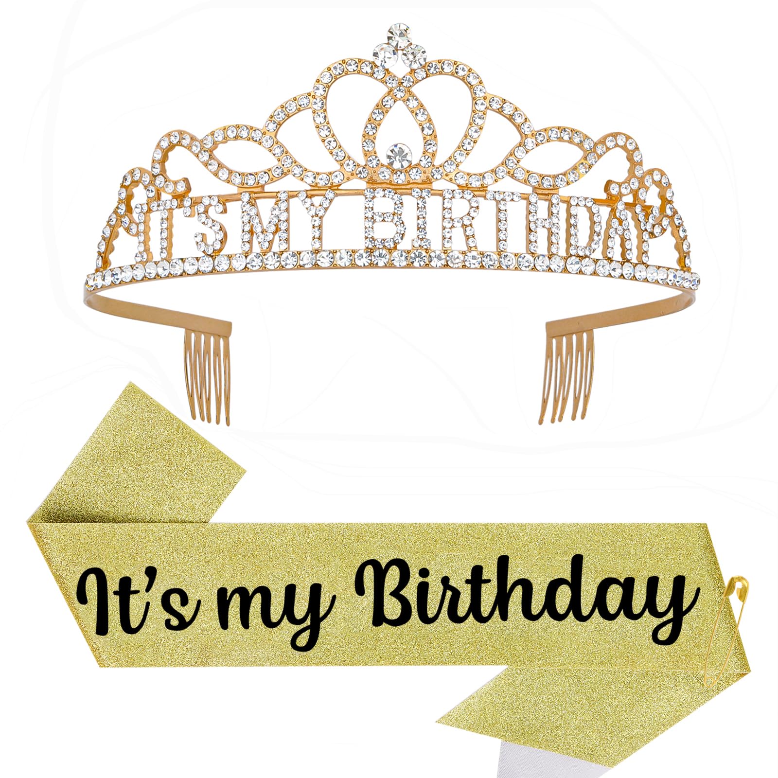 Amazon.com : Araluky Gold Adult Woman Birthday Crown with Sash, Tiara ...