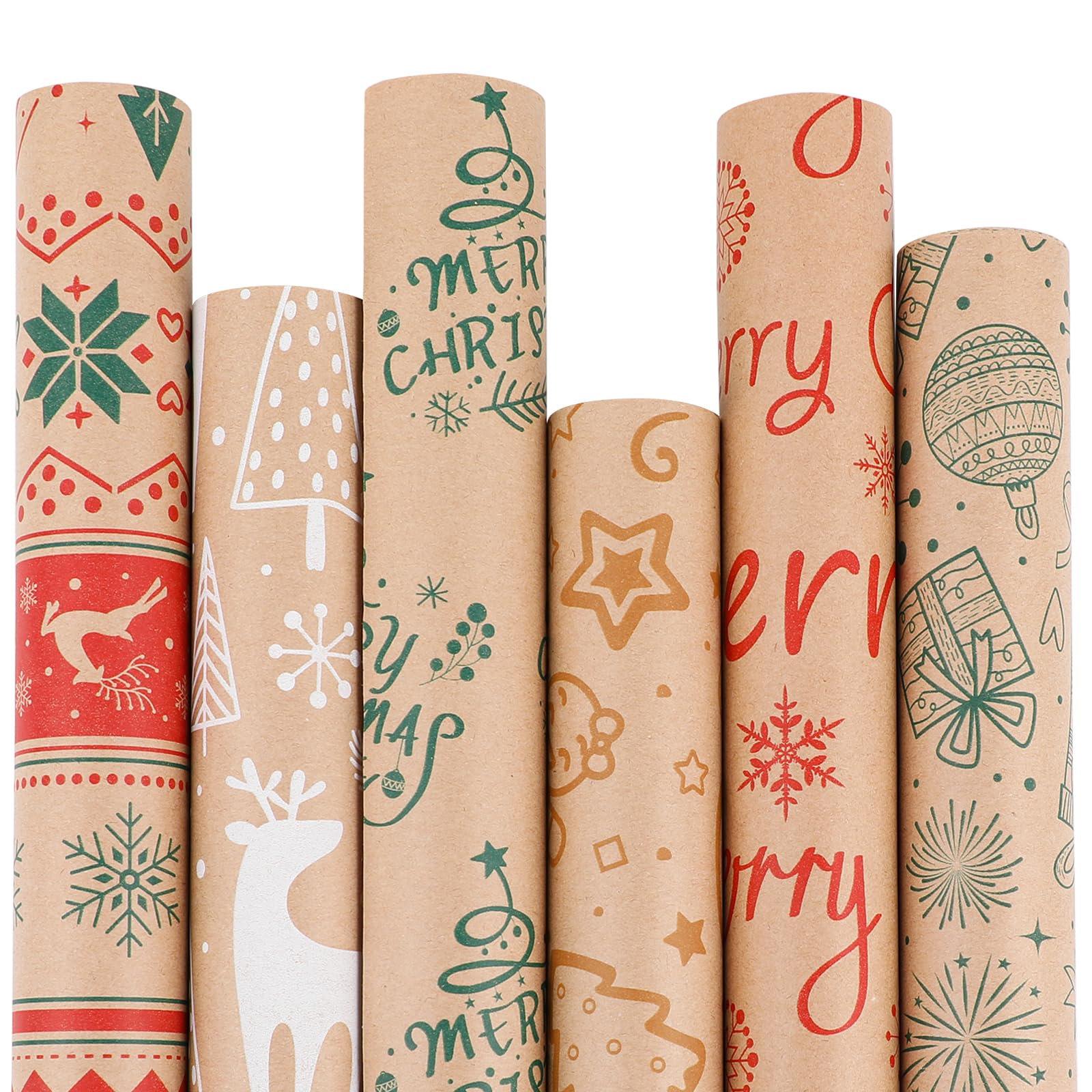 Amazon.com: KIMOBER 6 Rolls Christmas Wrapping Paper,Brown Kraft Paper ...