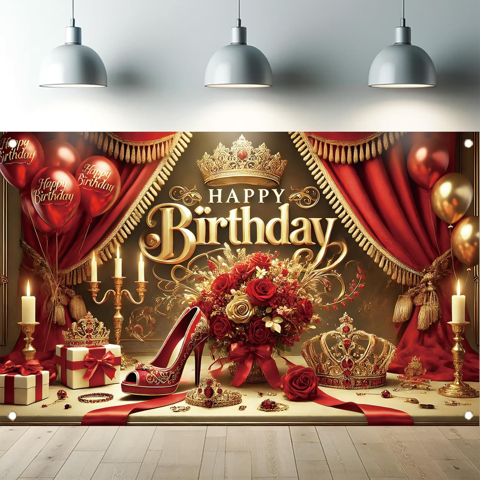 Amazon.com : CapiSco Red and Gold Birthday Queen Backdrop for Girls ...