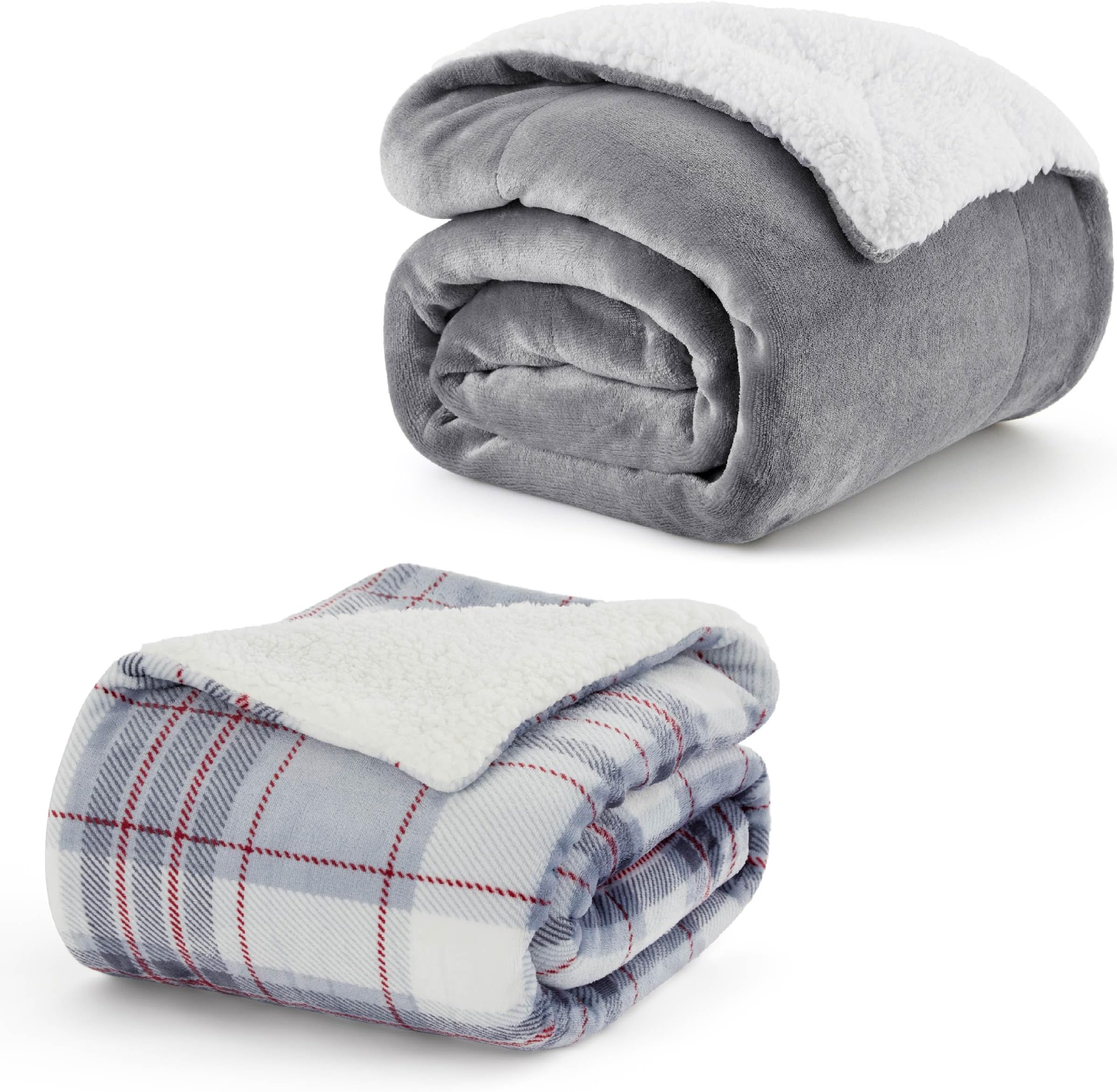 Amazon.com: Bedsure Bundle of 1 Grey Sherpa Blanket & 1 Plaid Sherpa ...