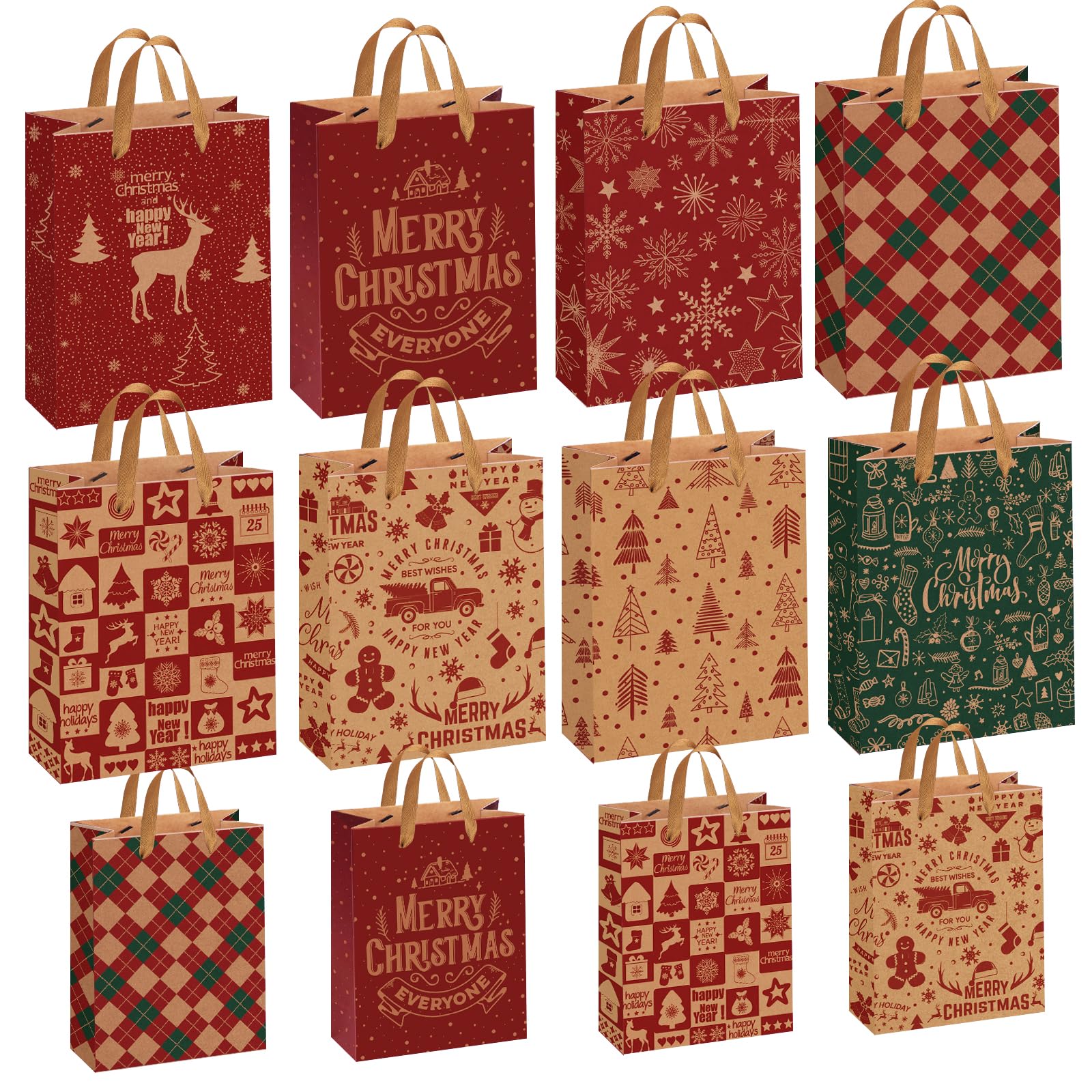 BEGKYA 12PCS Christmas Kraft Gift Bags, Large/Small Different Sizes ...