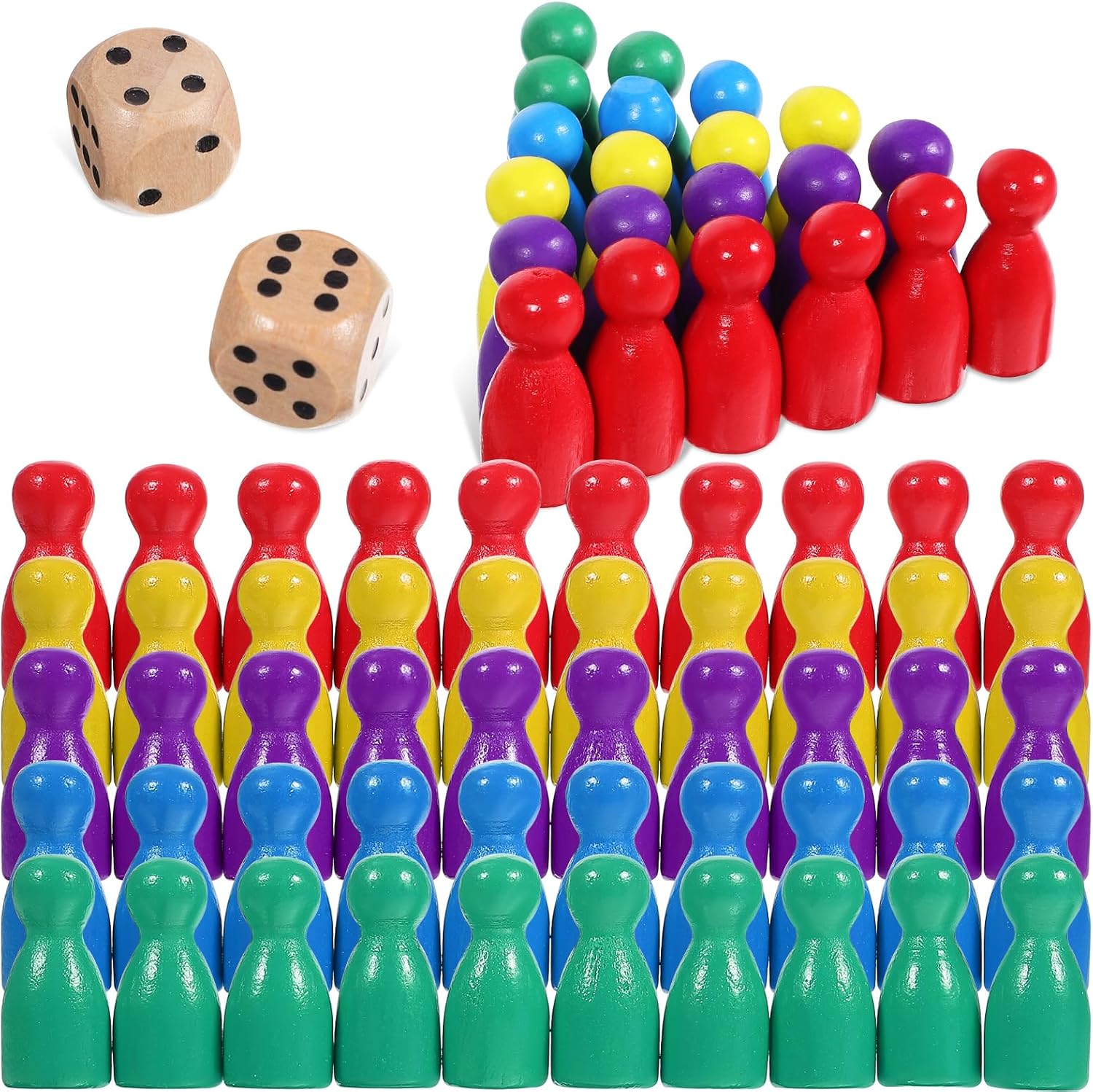 STOBOK 50Pcs Wooden Pawns, Multicolor Board Game Pieces with 2 Dice ...