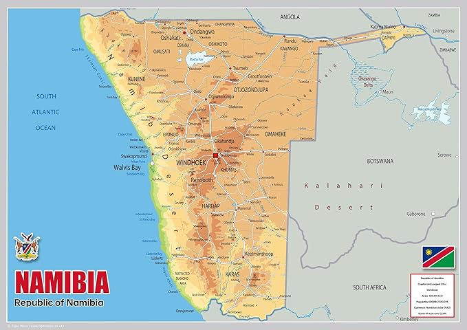 Physical Map of Namibia - The Oxford Collection - Size A1 - Paper ...