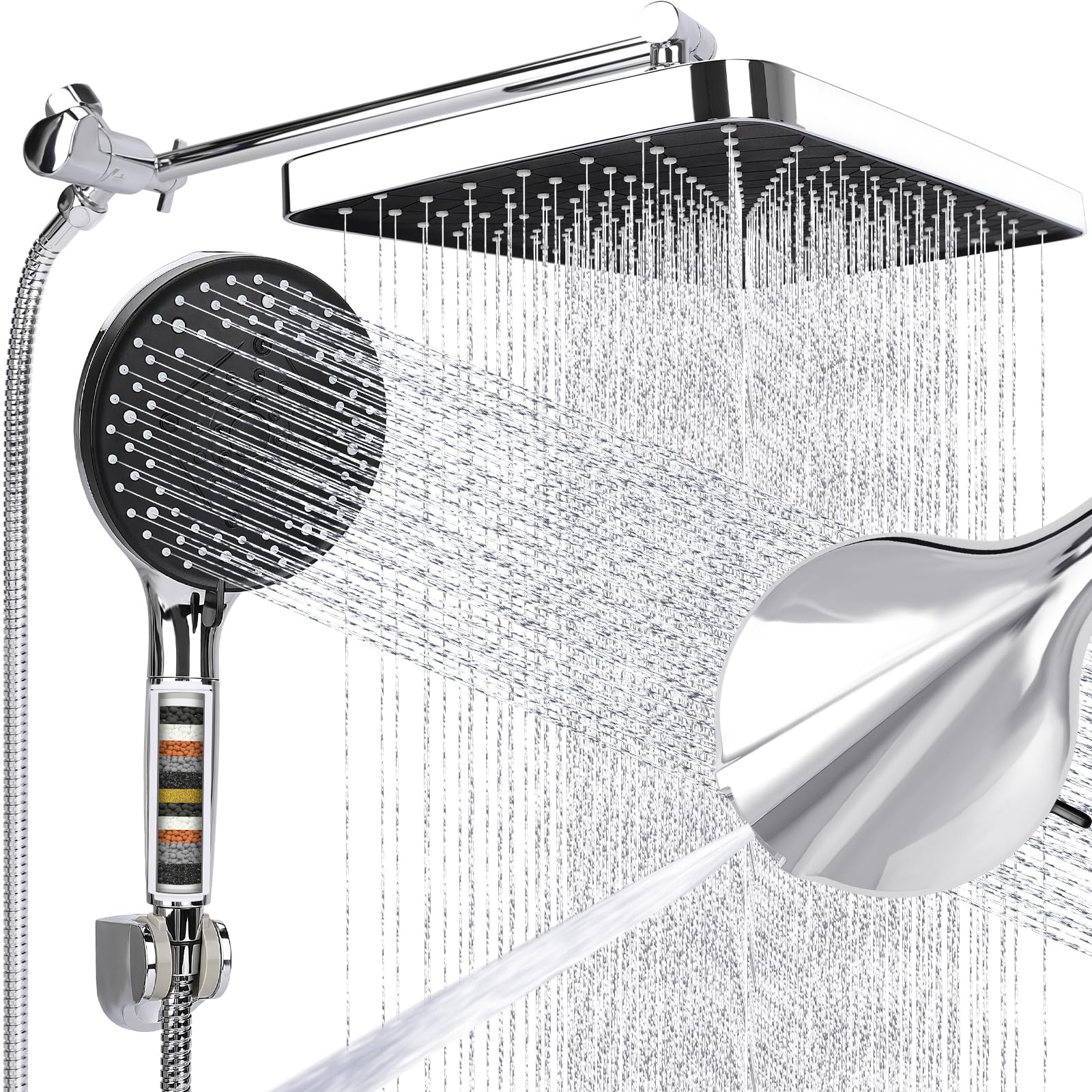 MEKMGI Filtered Shower Head 14'' High Pressure Rain Shower Head Combo ...