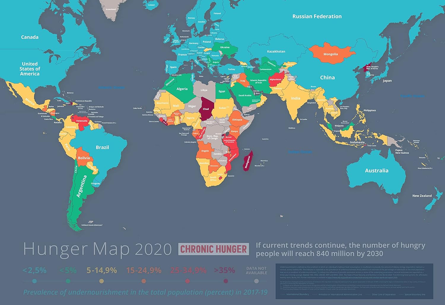 34"x24" WFP's Hunger Map 2020 - Prevalence of undernourishment in the ...