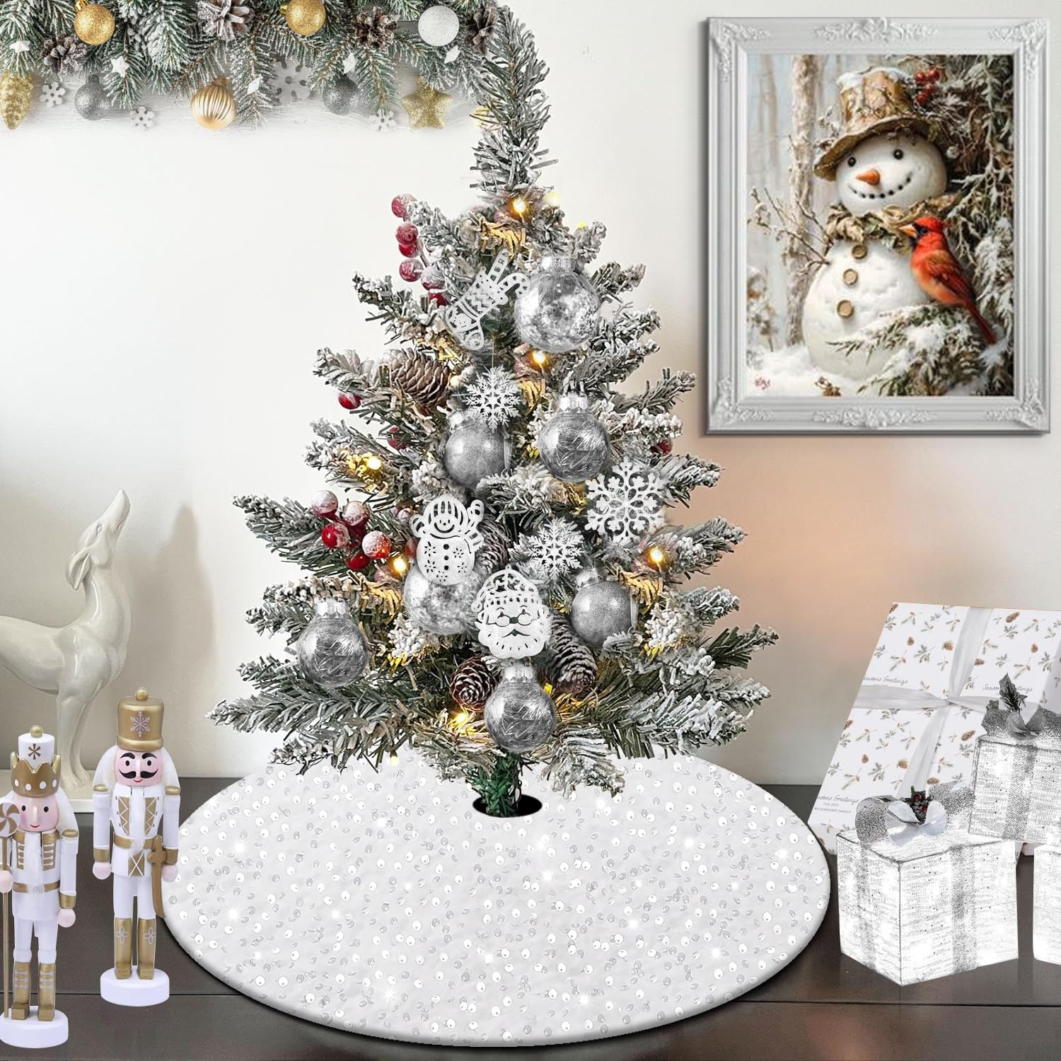 Amazon.com: Ivarunner Small White Christmas Tree Skirt, Sequin Mini ...