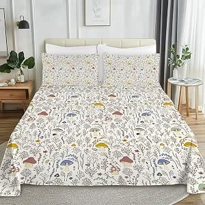 SOULZZZ 4 Piece Mushroom Queen Sheet Set, Deep Pocket Fitted Sheet ...