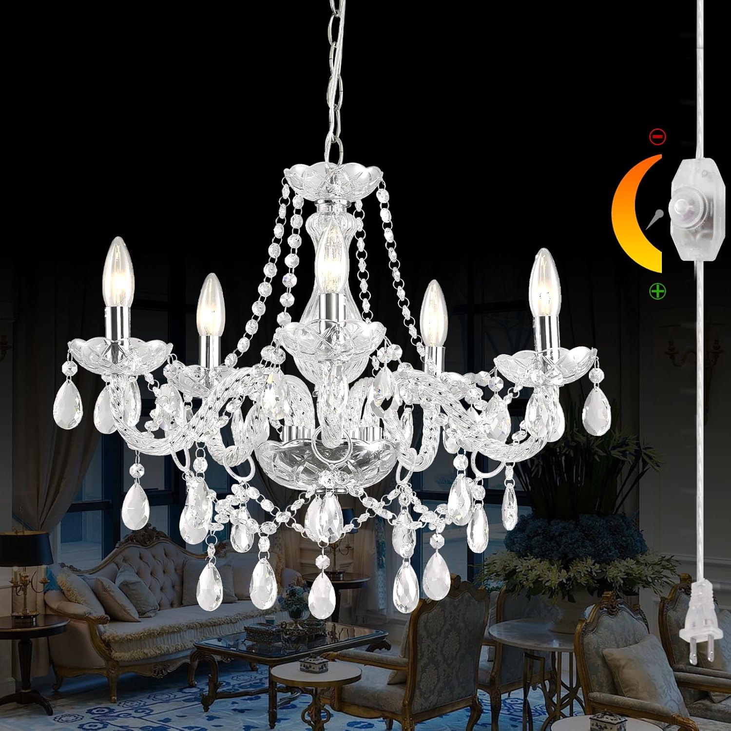 Amazon.com: HOXIYA Dimmable Plug-in 5 Light Crystal Chandelier with ...