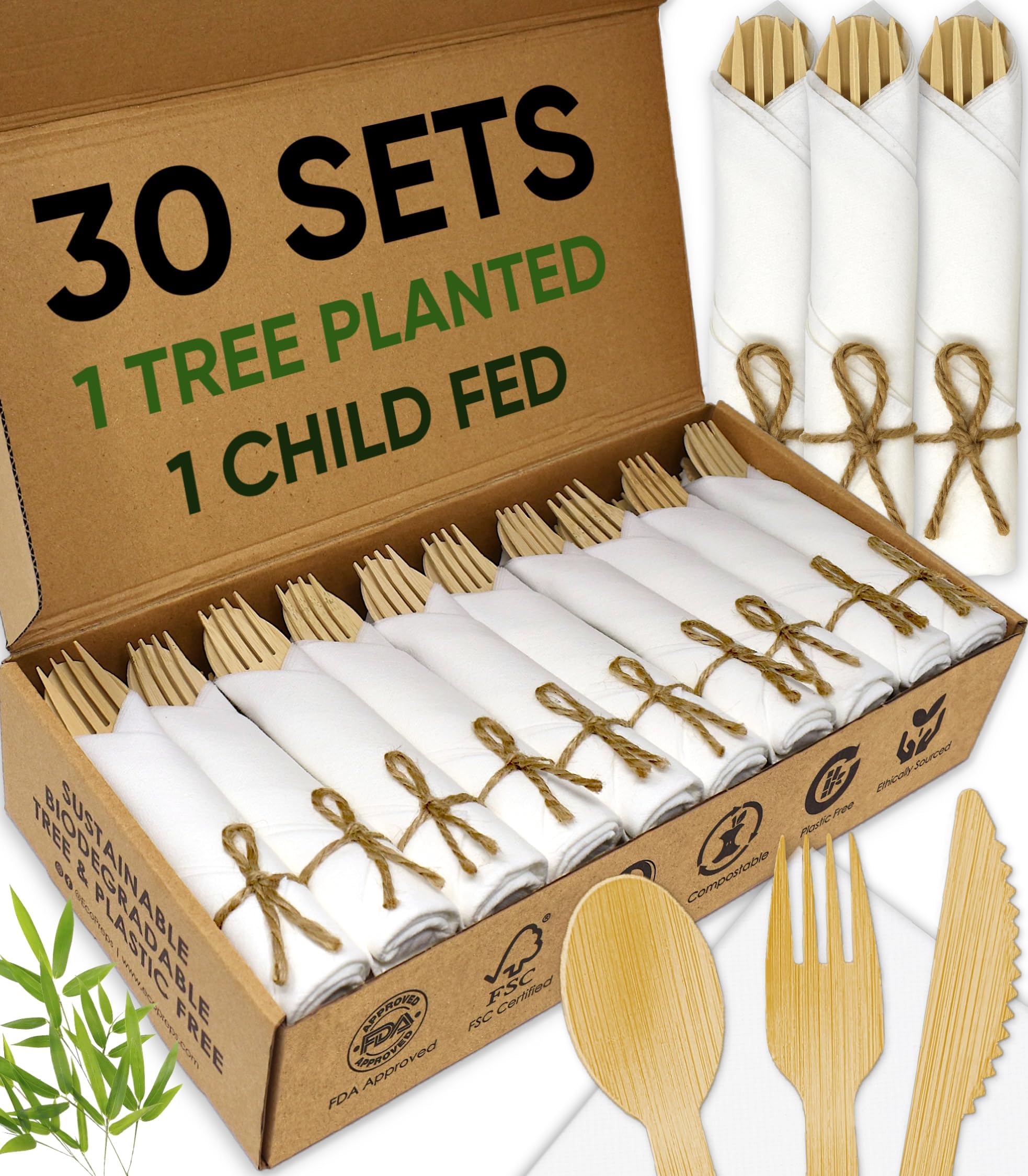 Amazon.com: Disposable Wooden Cutlery Set (30 Pack) - Individually ...