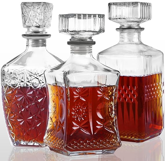 Amazon.com | Whiskey Decanter Set of 3 Glass Liquor Decanters, Alcohol ...