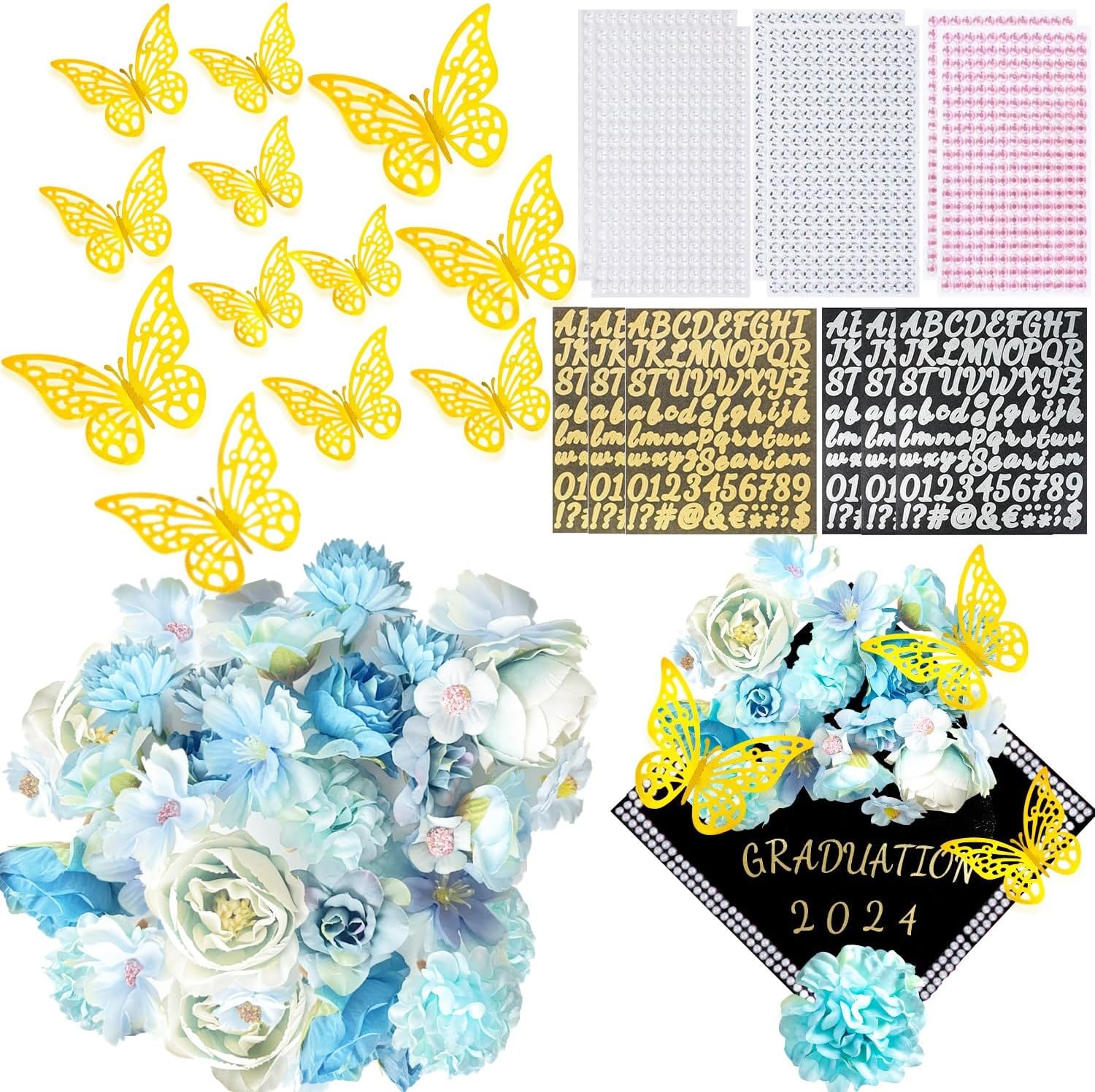Amazon.com: 44 Pcs Graduation Cap Decorations Kit Include Flowers 3D ...