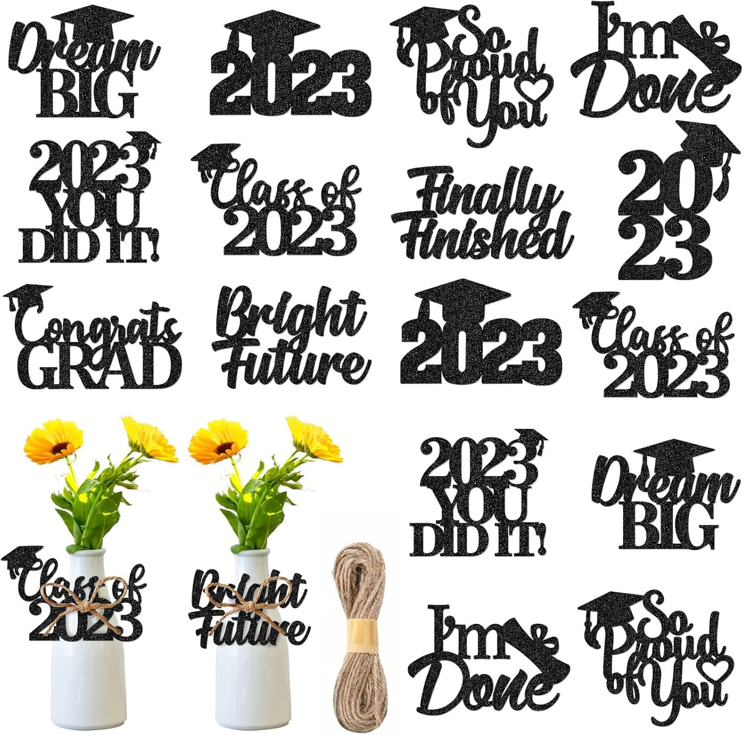 Amazon.com: Black 24PCS Glittery Cutouts Tags Decorations Graduation ...
