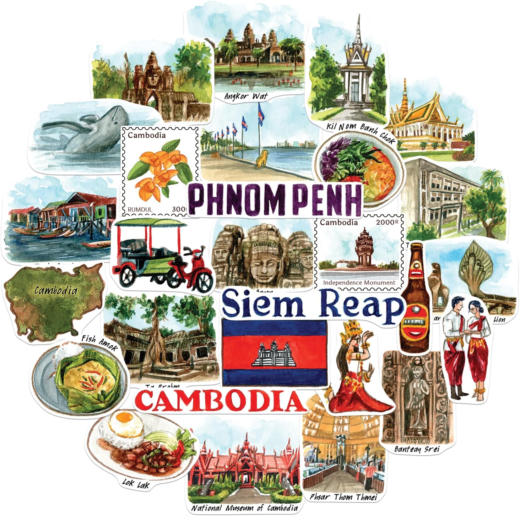 Amazon.com: Navy Peony Captivating Cambodia Travel Stickers (28pcs ...