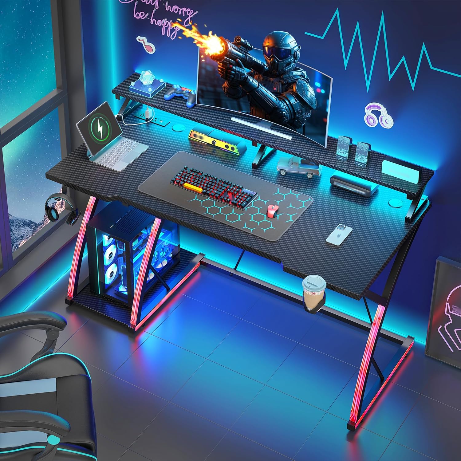 Amazon.com: DurayLoly 48 inch Gaming Desk with LED Lights & Power ...