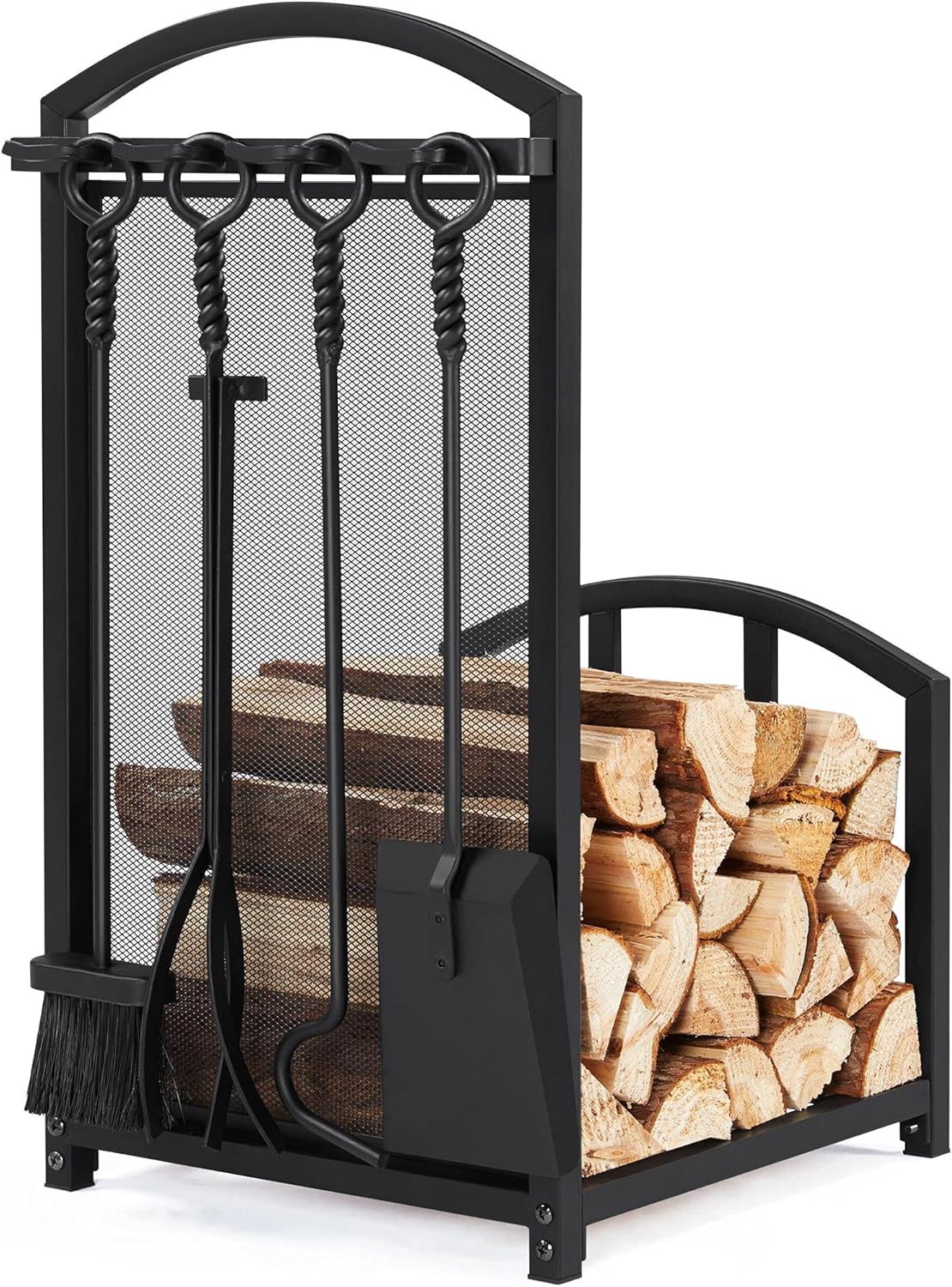Yaheetech Fireplace Log Holder, Metal Log Basket with 4 Pcs Fireside ...