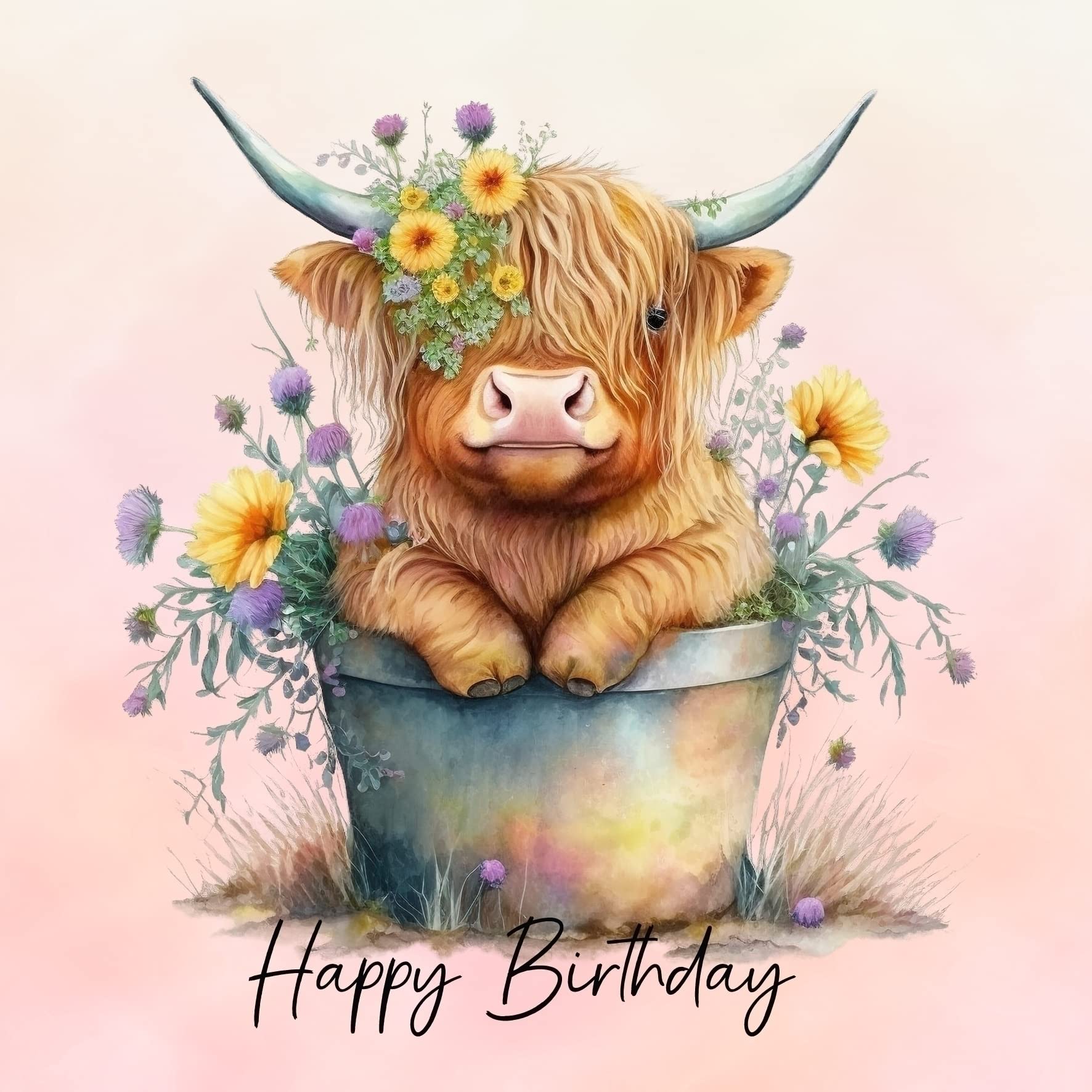 Highland Cow Square Birthday Card (Pink) : Amazon.co.uk: Stationery ...