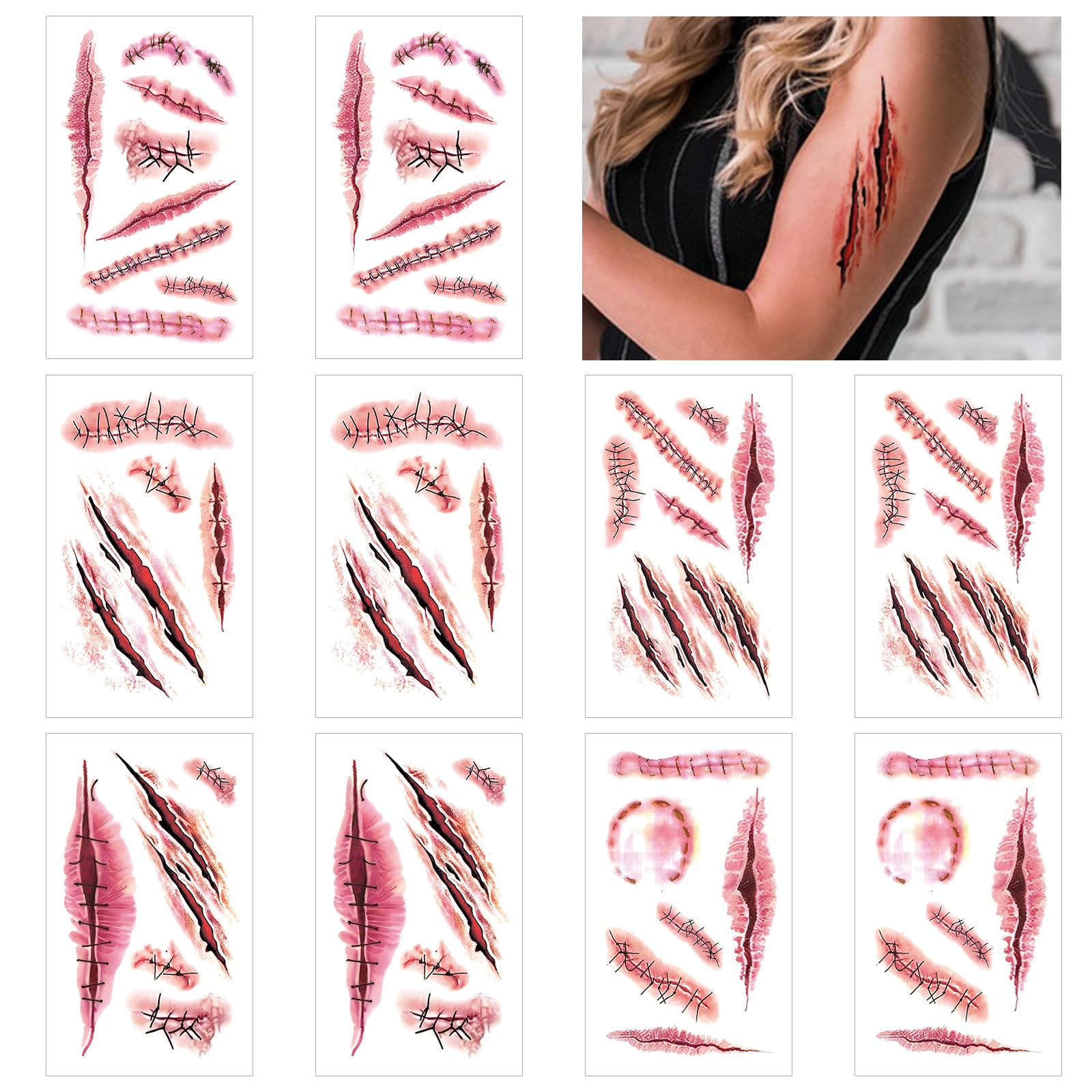 10 Sheets Halloween Zombie Scar Temporary Tattoos Fake Bloody Wound ...